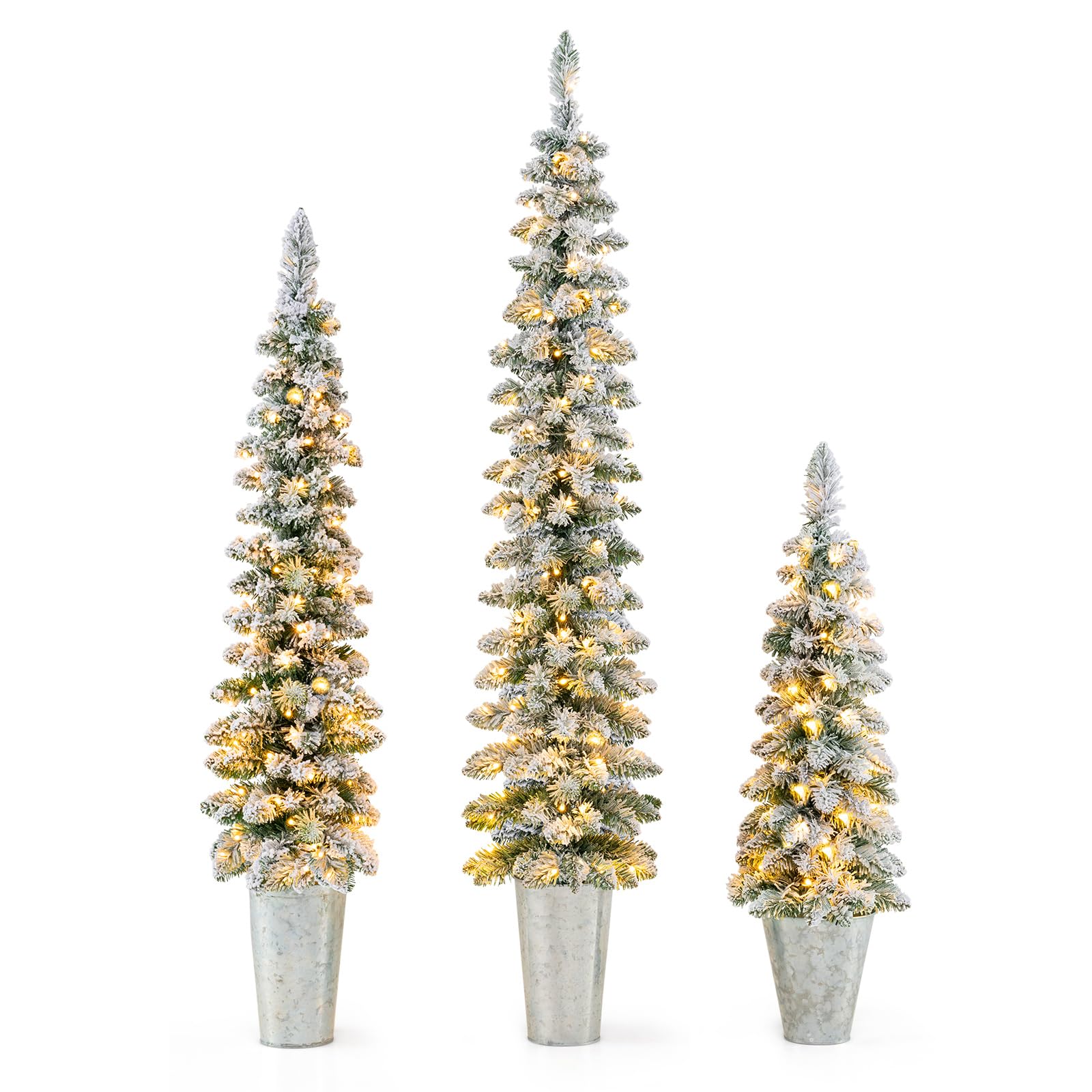 Goplus 3' 4' 5' Pre-Lit Snow Flocked Christmas Tree Set of 3, Slim ...