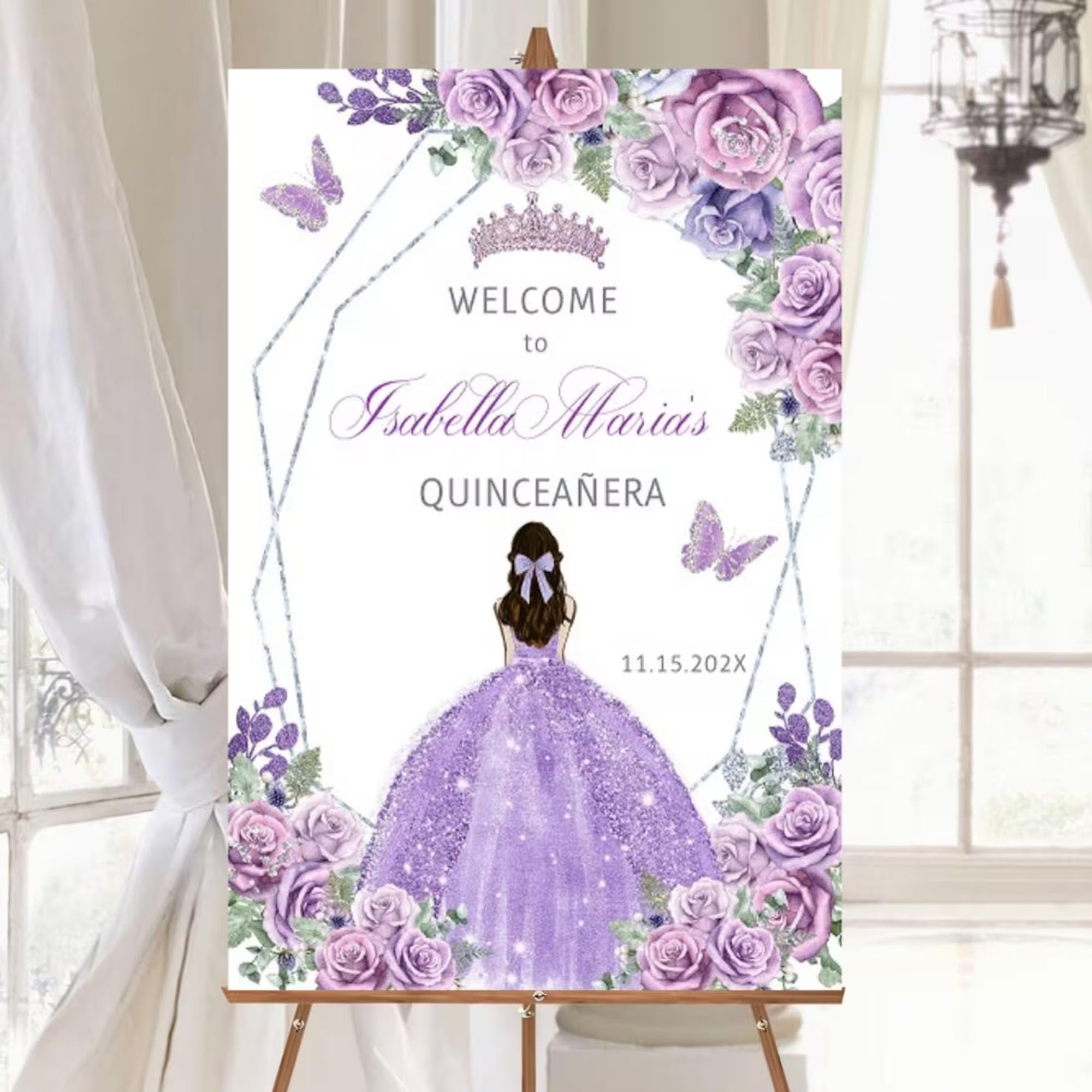 Amazon.com: Quinceañera Welcome Sign Princess Purple Silver Rose ...