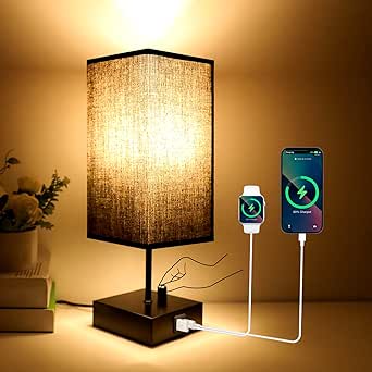 Eocean Bedside Table Lamp, Rotary Switch Table Lamp with USB A+C ...