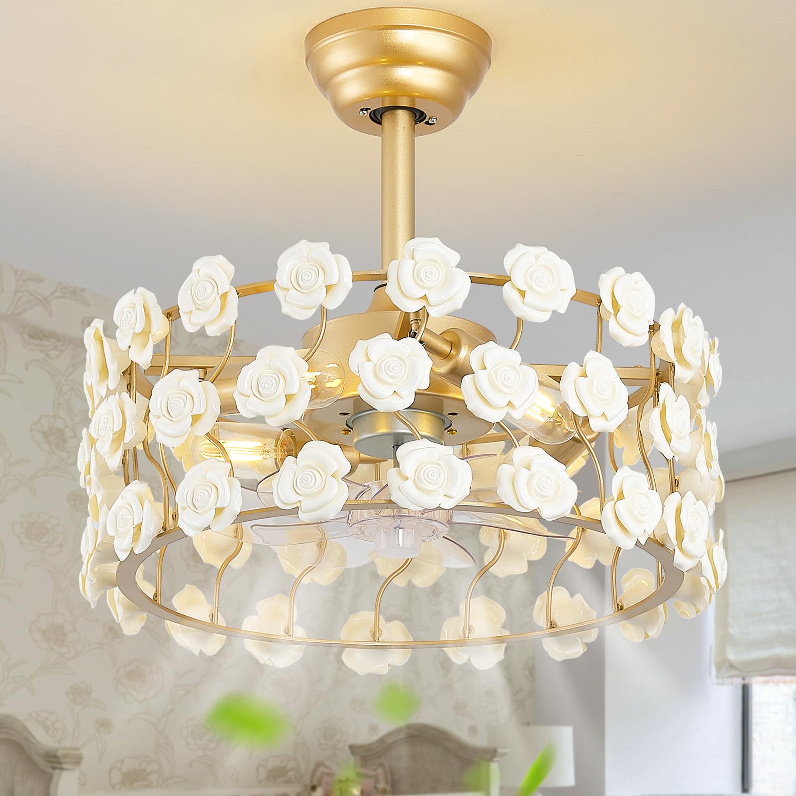 YADZSLY Gold Flower Fandelier Ceiling Fans with Lights, 20" Caged ...