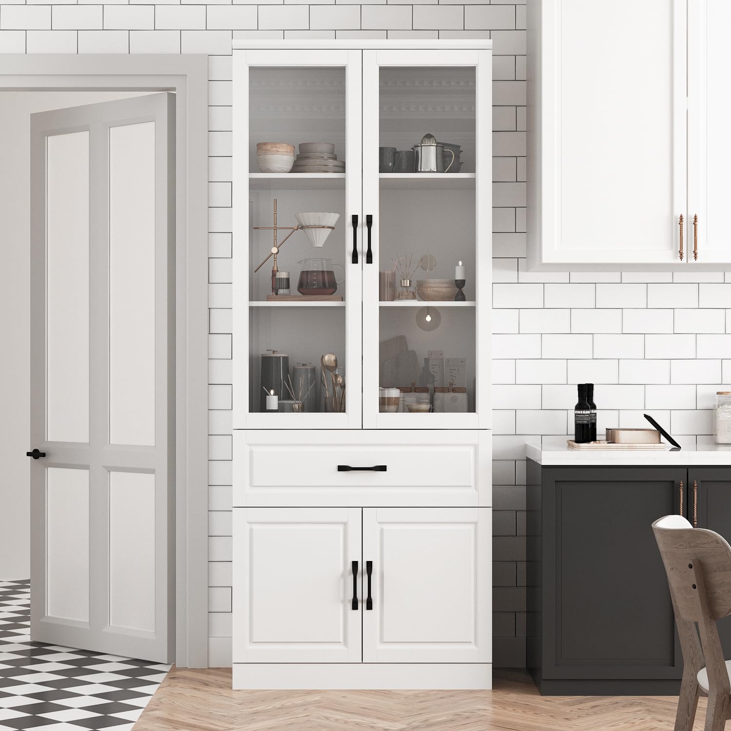 Amazon.com: Hitow Tall Bookshelf with Glass Doors & Drawers, Large ...