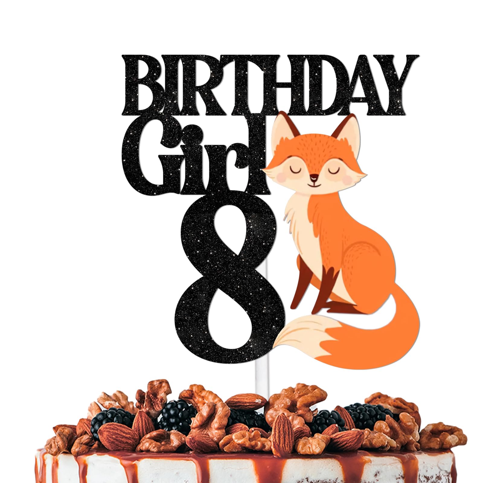Amazon.com: Black Glitter Birthday Girl 8 Cake Topper Animal Fox ...