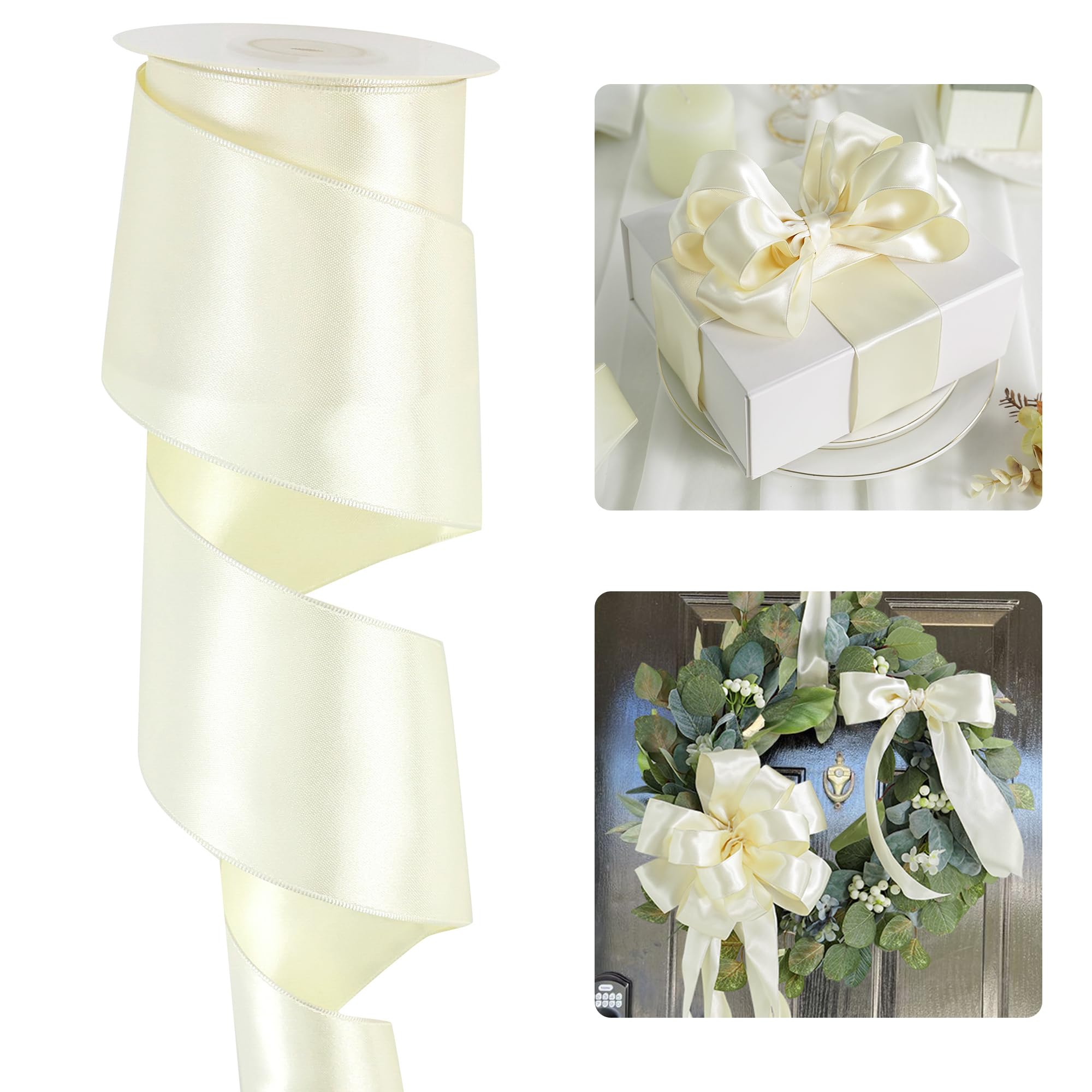 Amazon.com: HUIHUANG Ivory Satin Wired Ribbon 2.5 inch Double-Faced ...