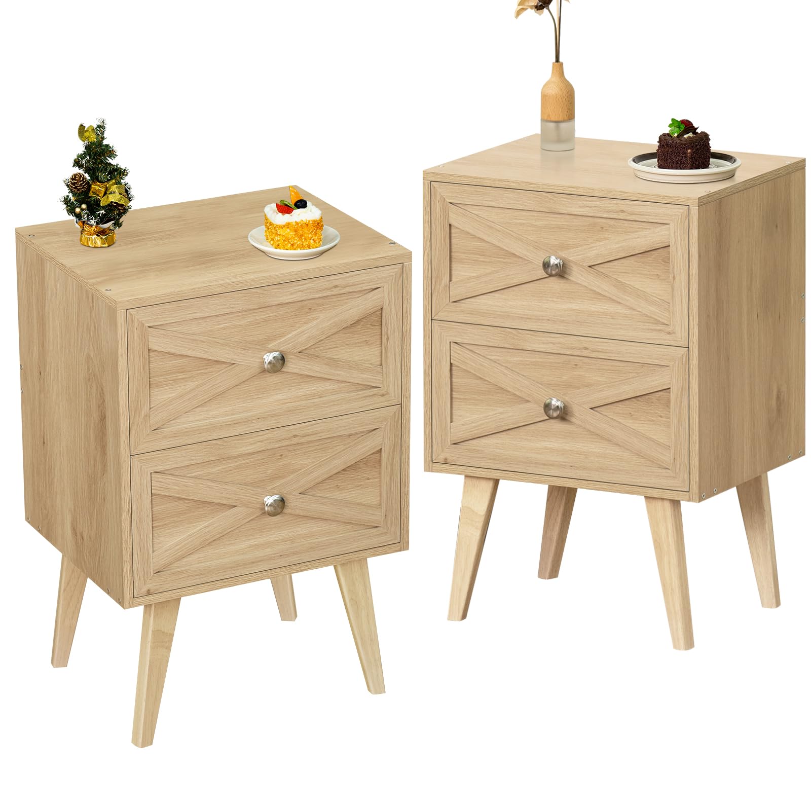 Lerliuo Wood Nightstand Set of 2, Bed Side Table with 2 Drawers Barn ...