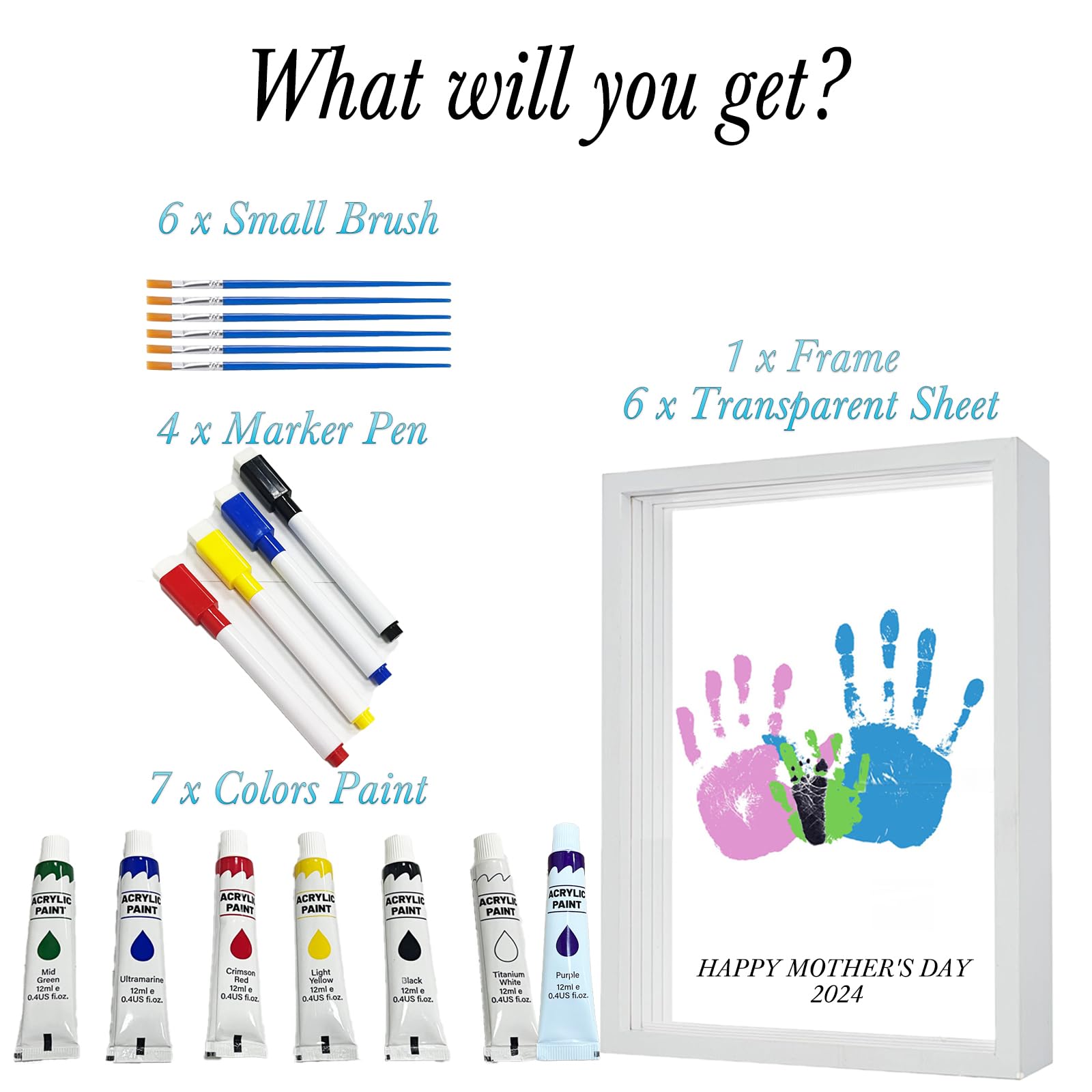 Family Handprint Kit for 6, DIY Craft Keepsake White Wooden Frame, Baby ...