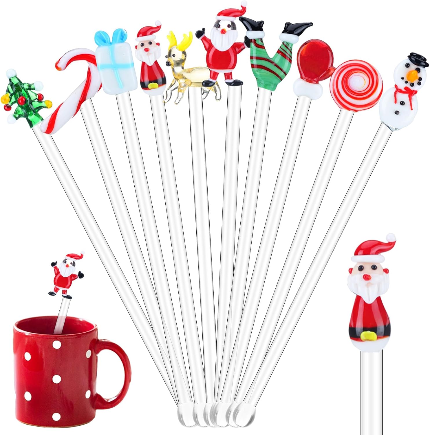 Amazon.com | Yaomiao 10 Pieces Christmas Glass Swizzle Stick Xmas ...