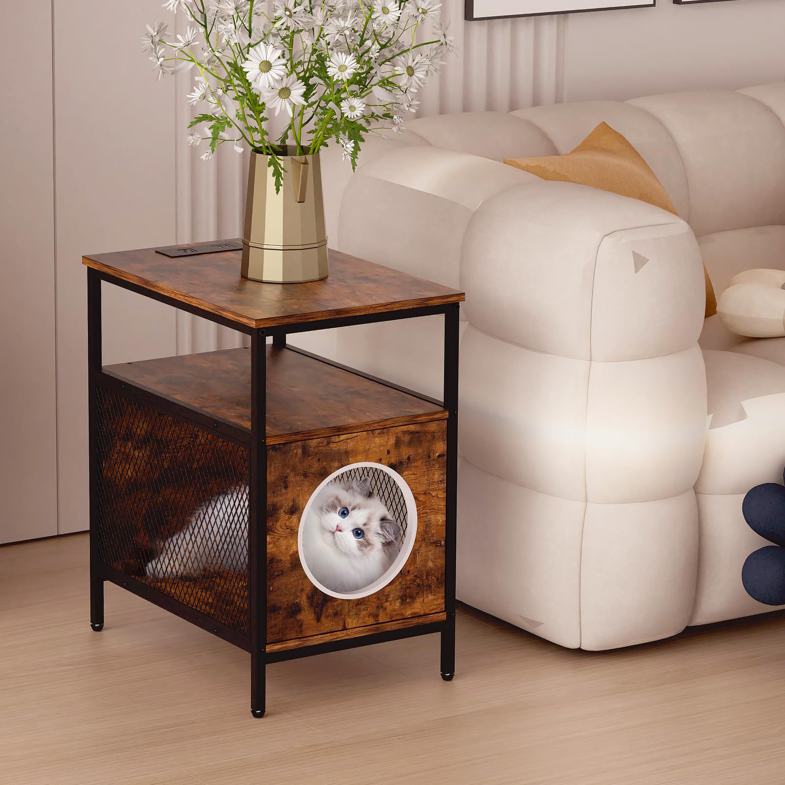 Amazon.com: Wood Cat End-Table with Charging Station - Modern Living ...