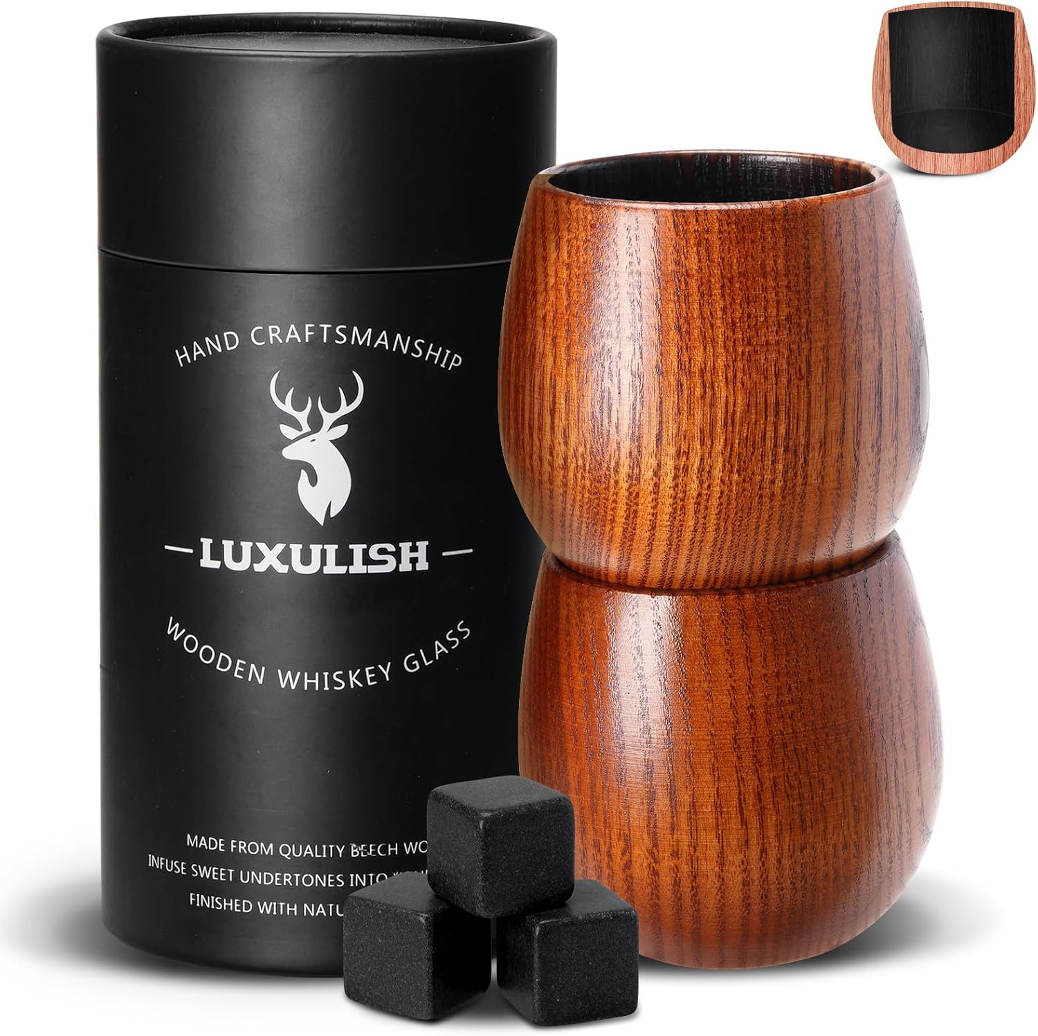 Amazon.com | LUXULISH Charred Wooden Bourbon Glass, Include 3 Ice ...