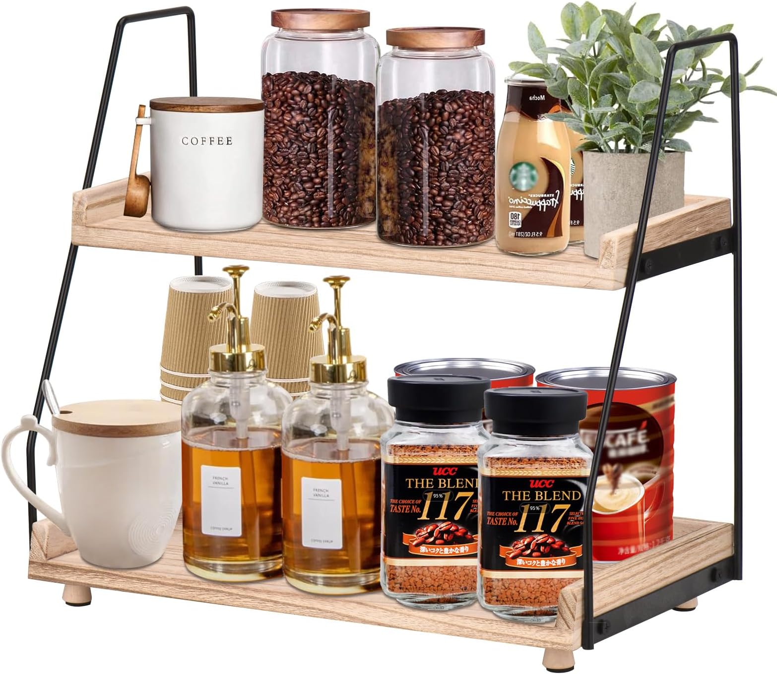 Wooden 2-Tier Coffee and Tea Station Organizer - Countertop Shelf for ...