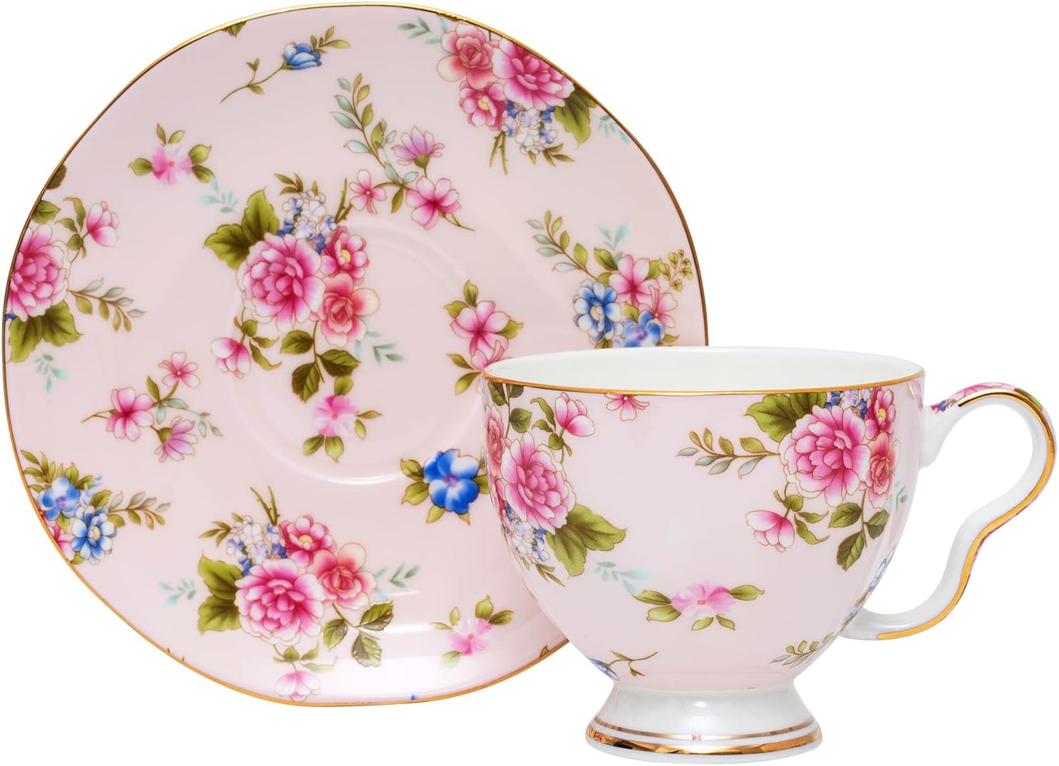 Amazon.com | 7 Ounces Fine Bone China Tea Cups and Saucers Floral ...