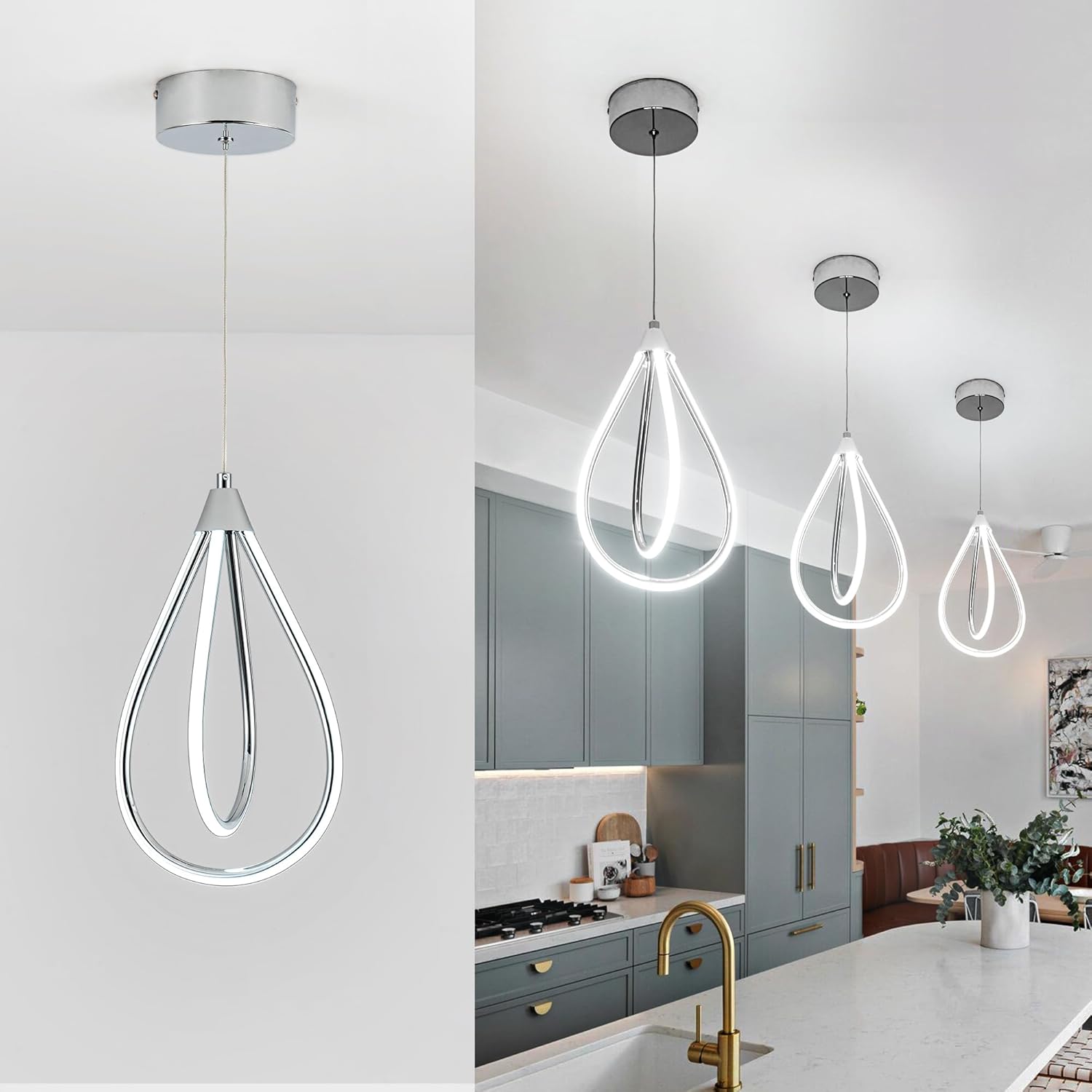 MAYNA Modern LED Pendant Light Fixture, Chrome Mini Kitchen Island ...