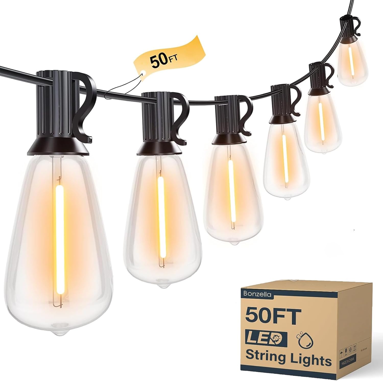 Buy BONZELLA Outdoor String Lights 50FT - 25 LED Retro Style String ...