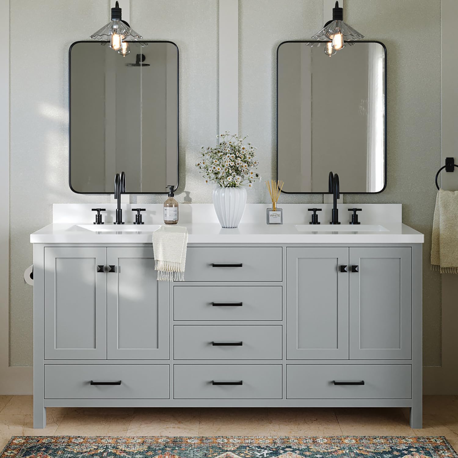 ARIEL 73" Grey Double Bathroom Vanity with 1.5" Edge Pure White Quartz ...