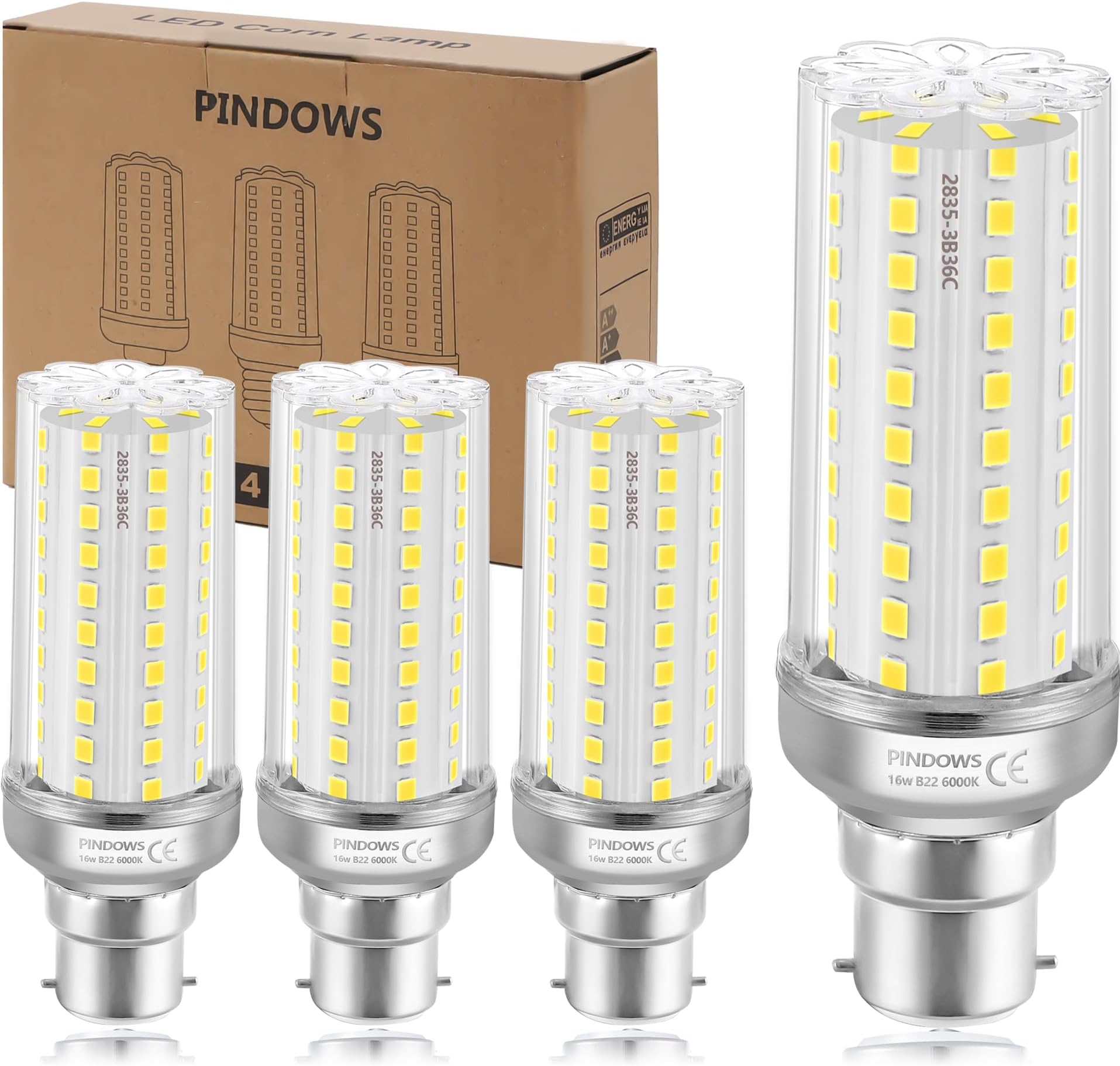 PINDOWS 16W LED Corn Bulbs B22, 6000K Cool White, 150W Incandescent ...
