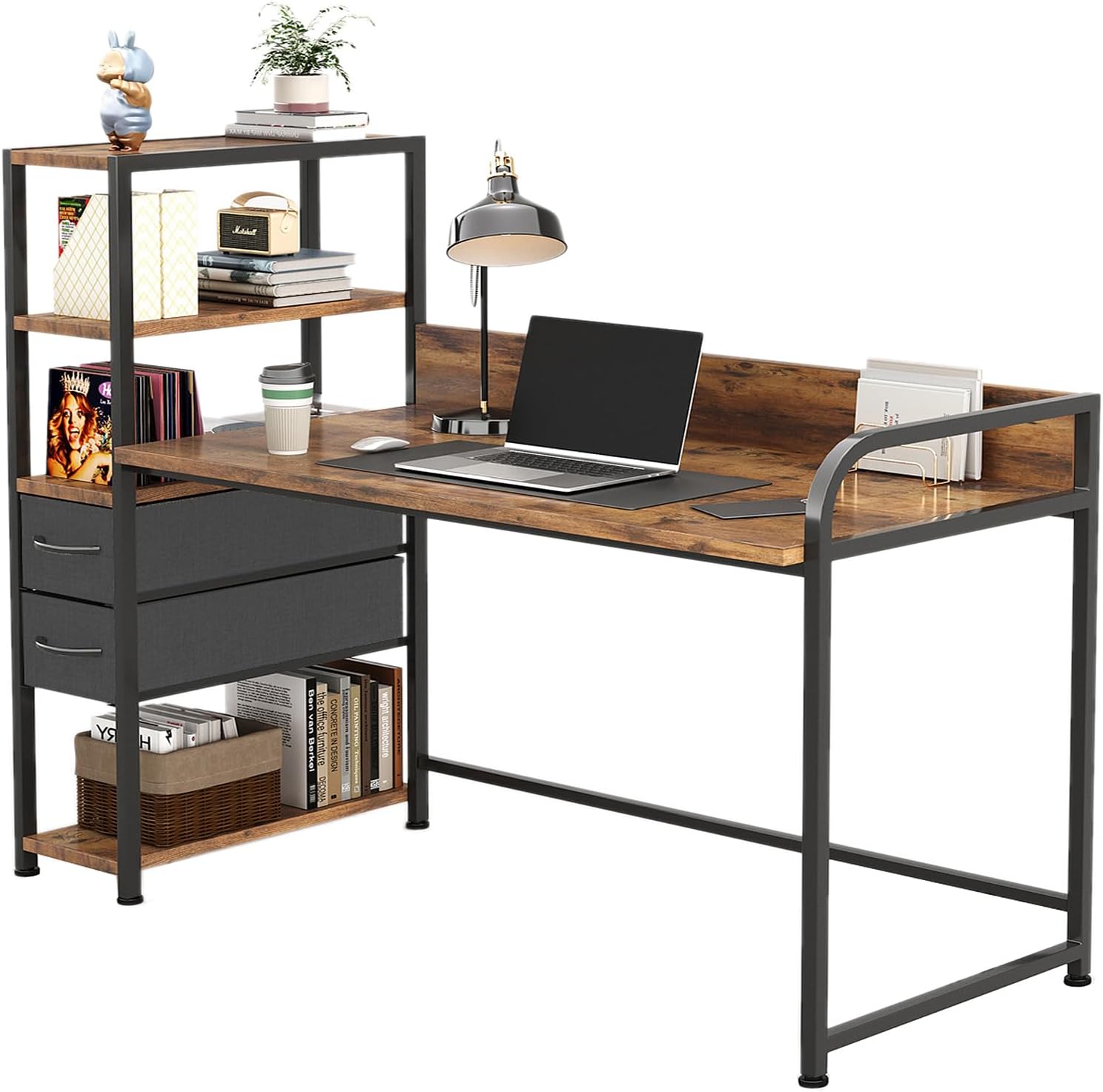 55 Inch Small Computer Desk with 2 Non Woven Drawers and 4 Storage ...