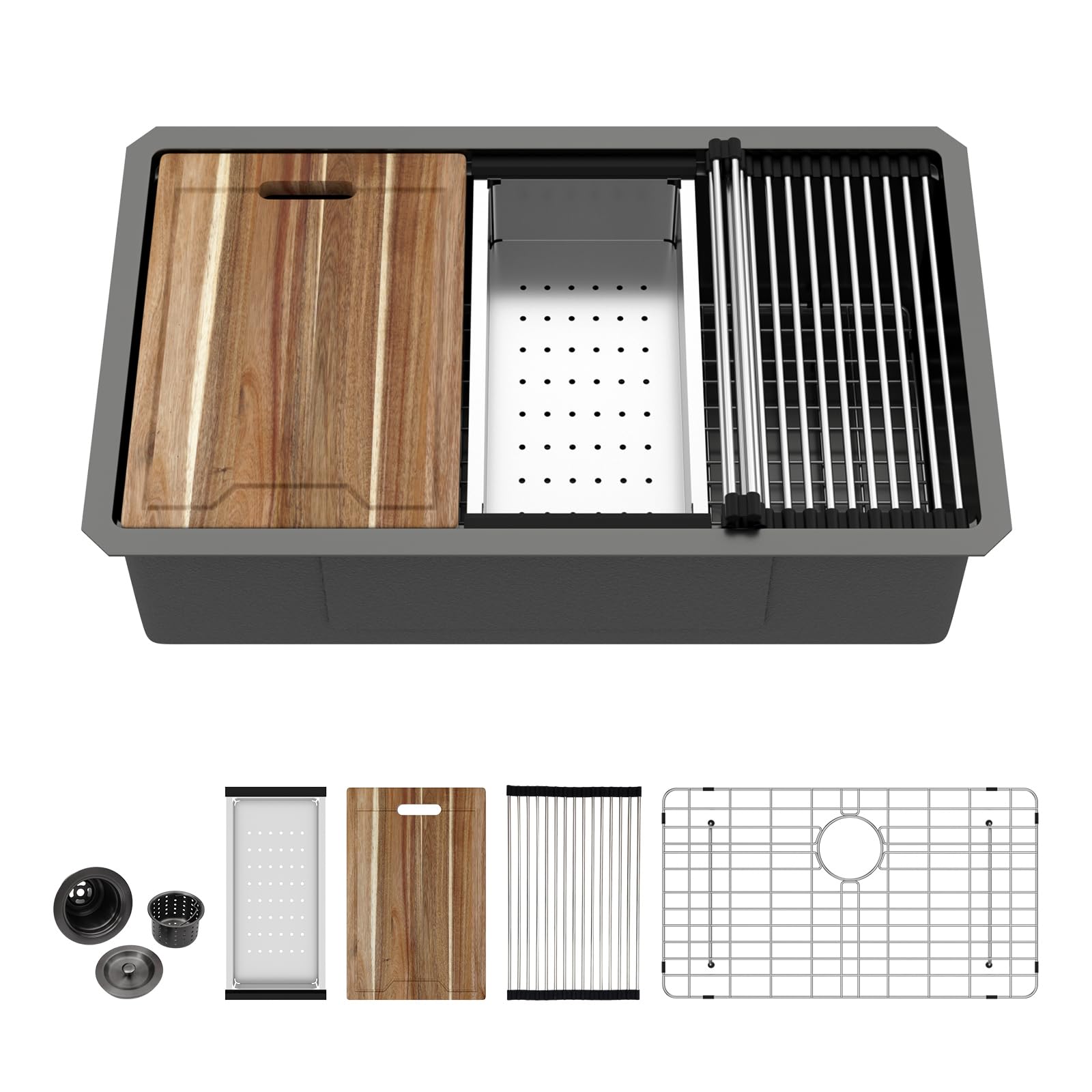 Kichae 28 Black Kitchen Sink Undermount Workstation - 28x18 Gunmetal ...