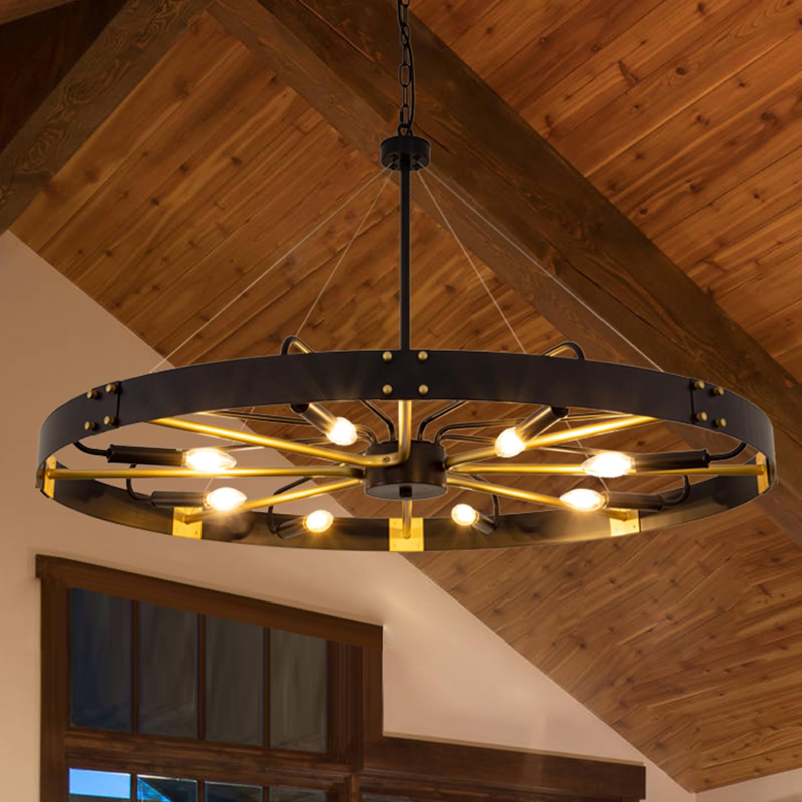 Wellmet Black Gold Wagon Wheel Chandelier, 42" Modern Farmhouse ...