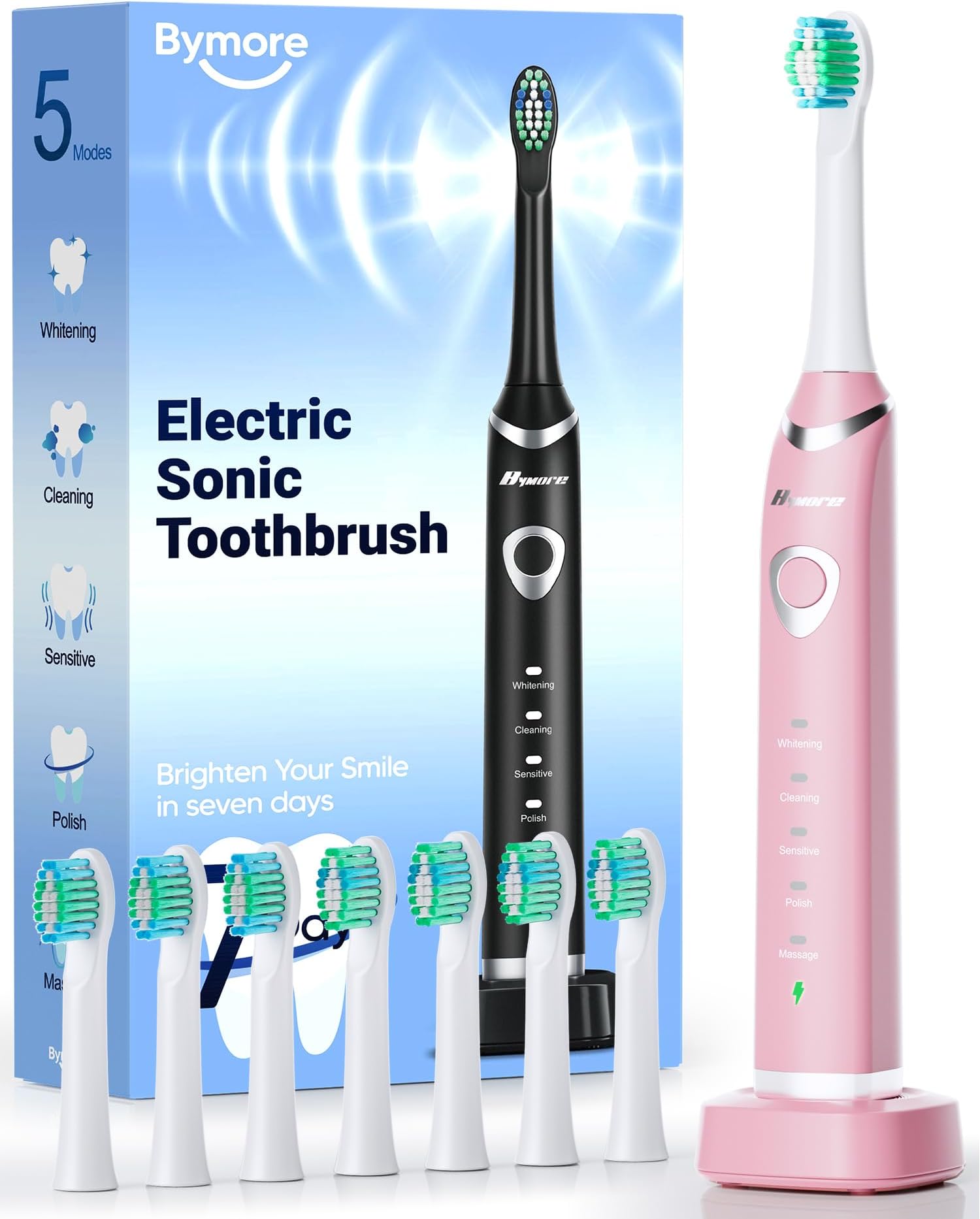 Amazon.com: Bymore Electric Toothbrush for Adults,Travel Sonic Toothbrush with 8 Replacement ...