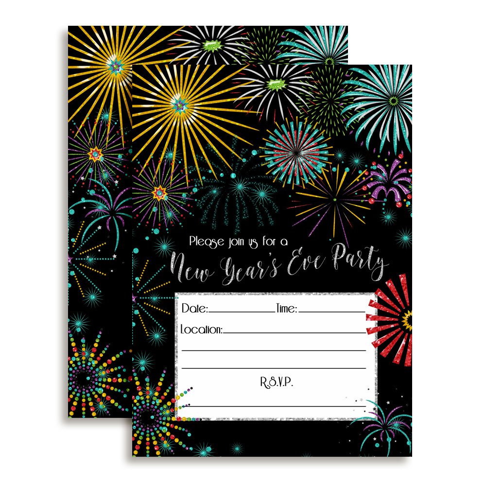 Amazon.com : New Year’s Eve Glitter Fireworks Party Invitations, 20 5x7 ...