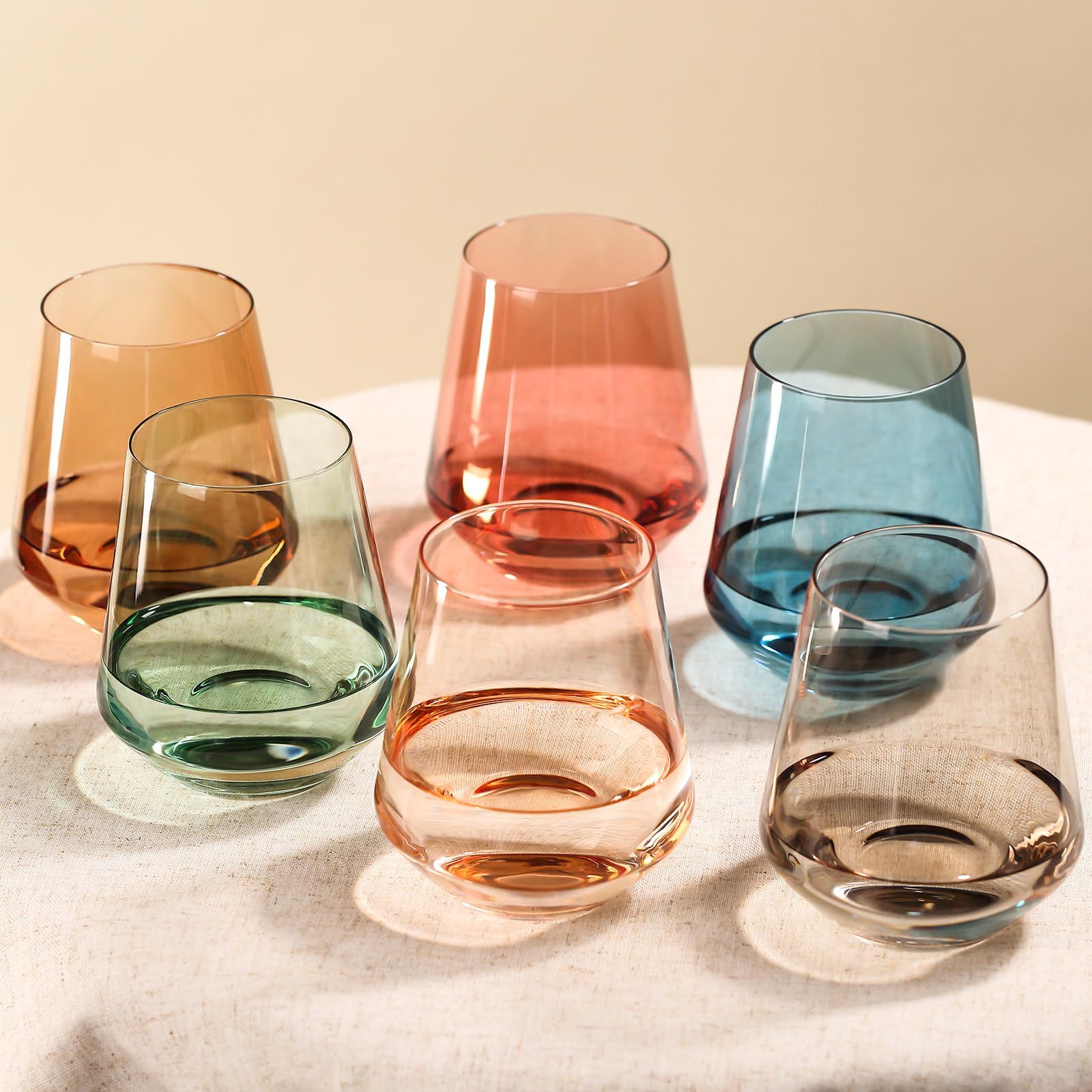 Amazon.com | Colored Stemless Wine Glasses Set of 6-17 oz Hand-Blown ...