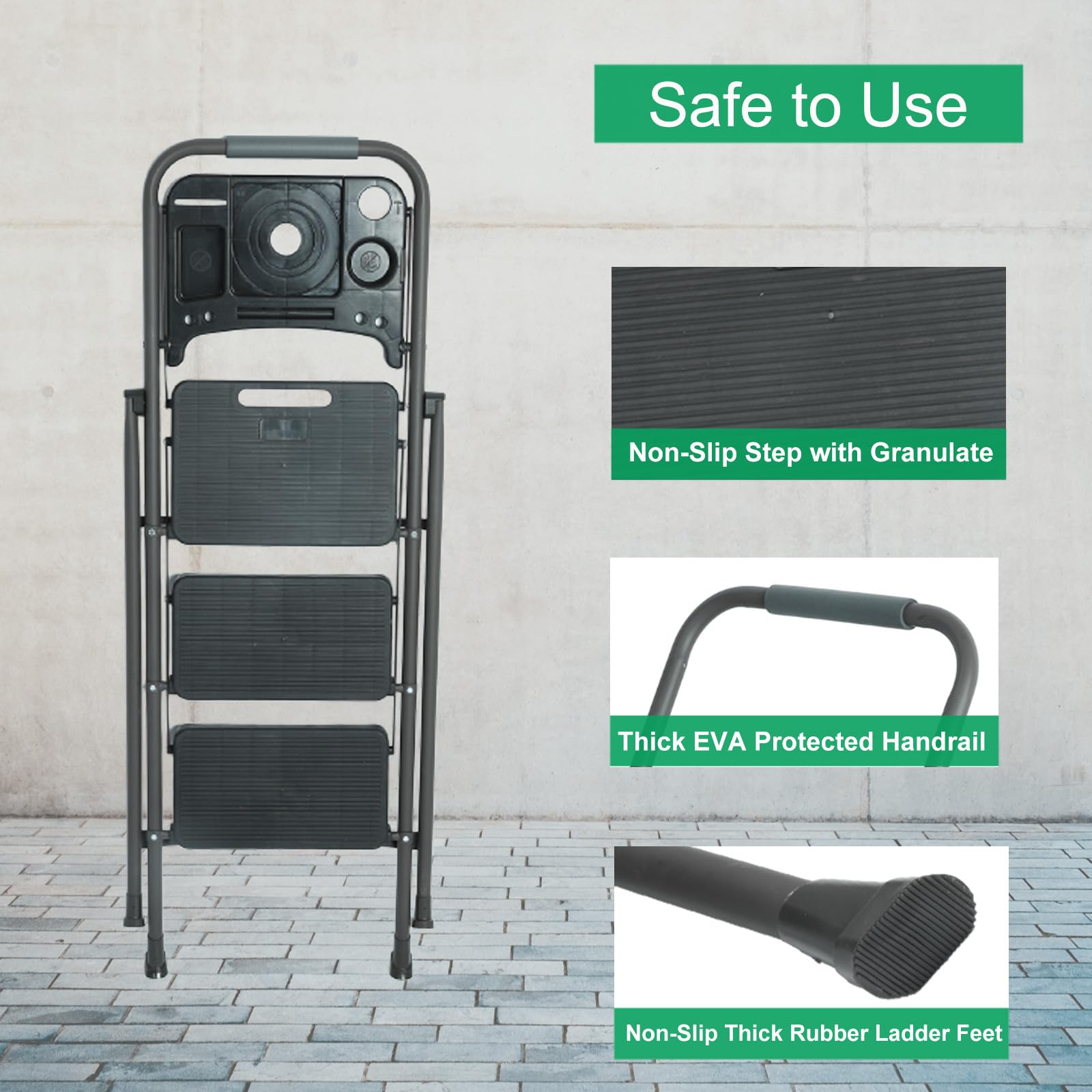 3 Step Ladder with Tray, Folding Step Stool with Wide Non-Slip Pedal ...