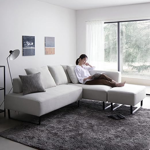 Amazon.co.jp: RASIK ソファー カウチ 3人掛け 3点セット (2.5人掛け+カウチソファ+オットマン) スチール脚 アッシュホワイト L字 ポケットコイル 洗えるカバー ...