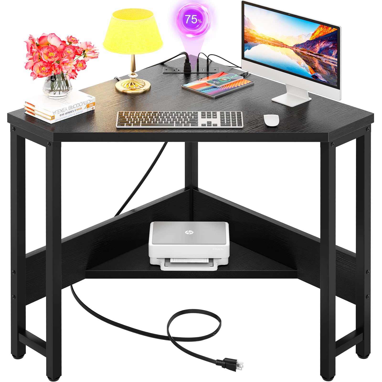 Cyclysio Small Corner Desk with Charging Station, Corner Computer Desk ...