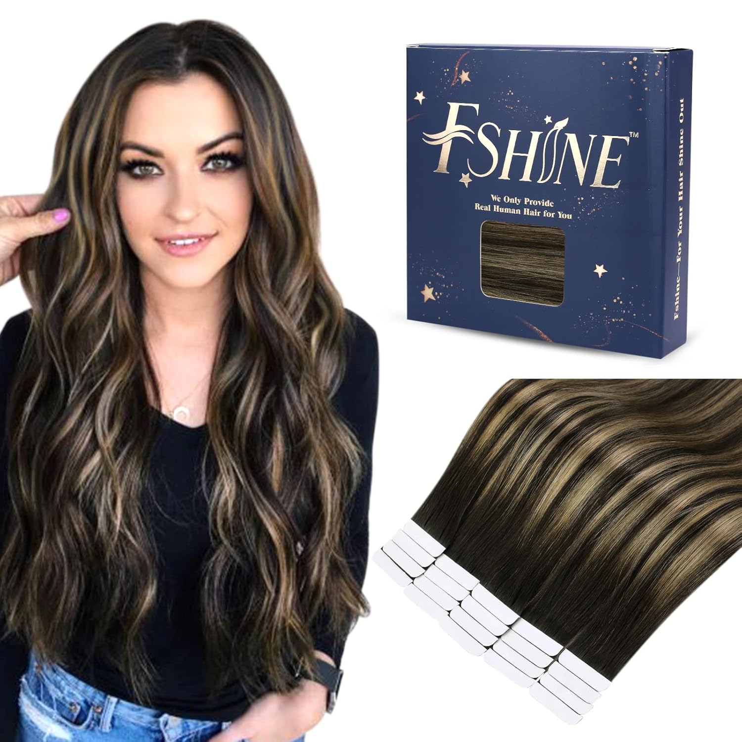 Amazon.com : fshine Tape in Hair Extensions 18 Inch Black to Caramel ...