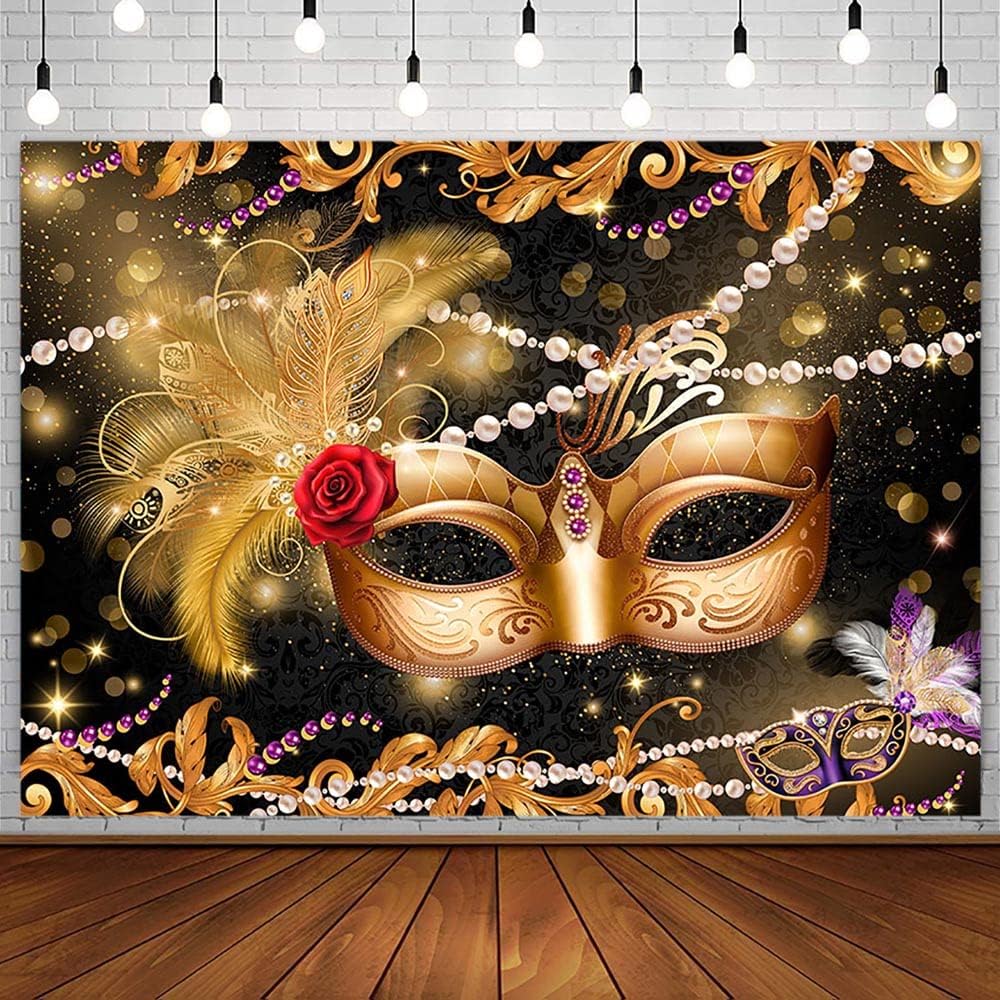 Amazon.com : AIBIIN 7x5ft Masquerade Party Backdrop Black Gold Glitter ...