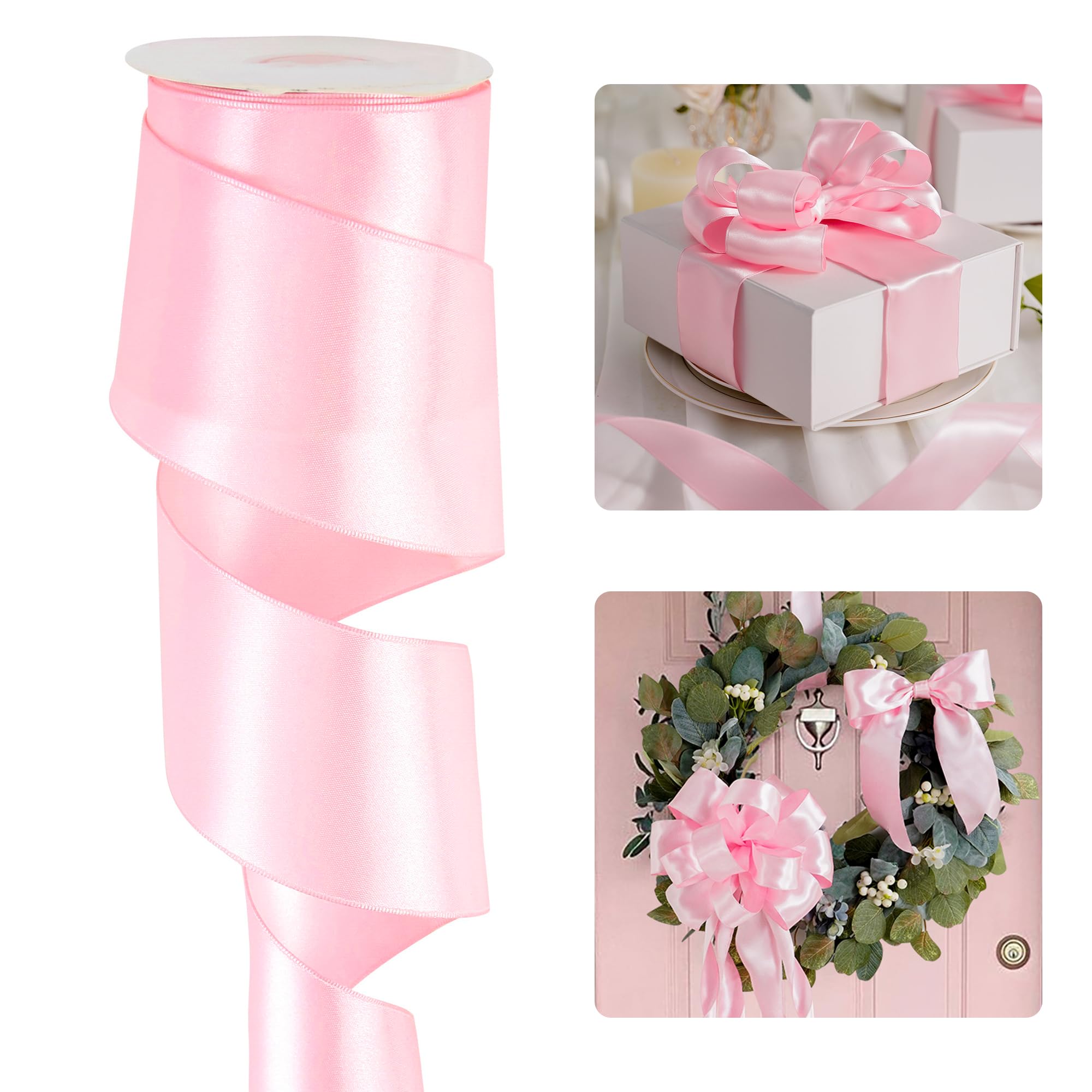 Amazon.com: HUIHUANG Pink Satin Wired Ribbon 2.5 inch Light Pink Double ...