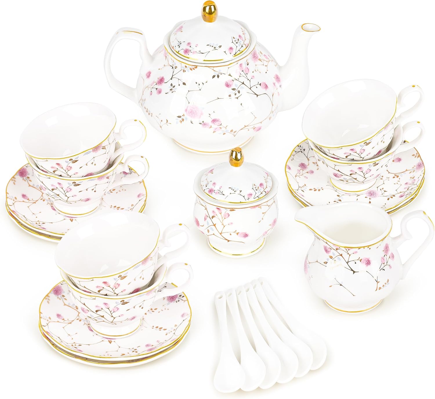 Amazon.com | fanquare 21-Piece Gold Vine Floral Porcelain Tea Sets with Sugar Bowl Creamer ...