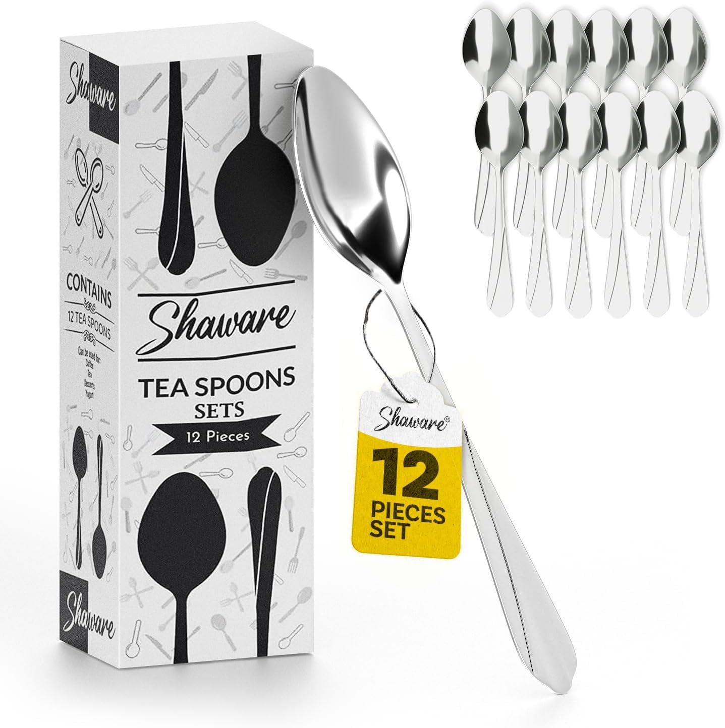 Shaware Teaspoons Set of 12-140mm x 32mm - Tea Spoons 12 Stainless ...