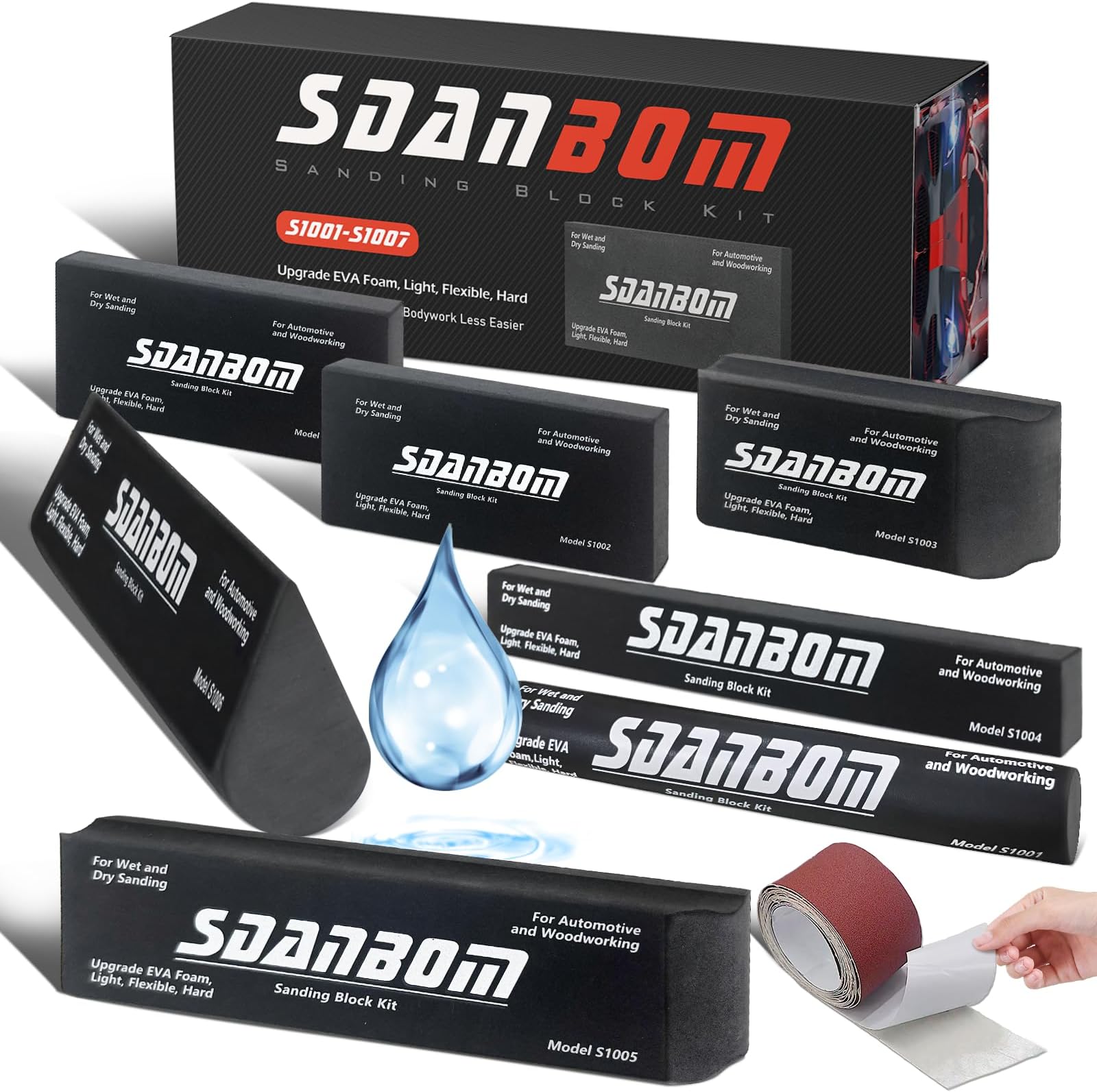 Sdanbom Sanding Block Kit 7PC with TearBlock and Sandpaper - Wet or Dry ...