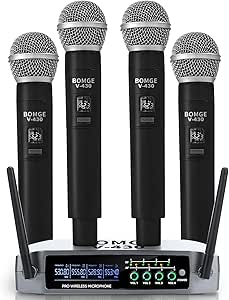 BOMGE Wireless Microphone System, Pro 4-Channel Cordless Mic Set with Four Handheld Mics, Fixed ...