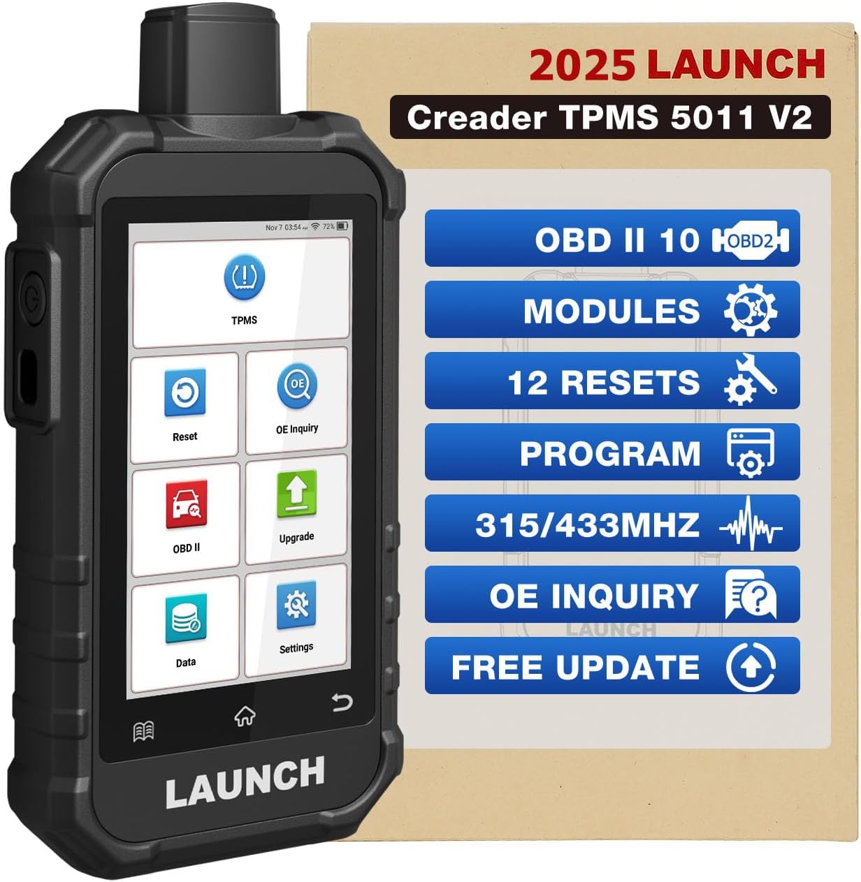 2025 LAUNCH X431 Creader 5011 V2 TPMS Tool，TPMS Sensor (315+433MHz) Read/Activate/Relearn/Reset ...