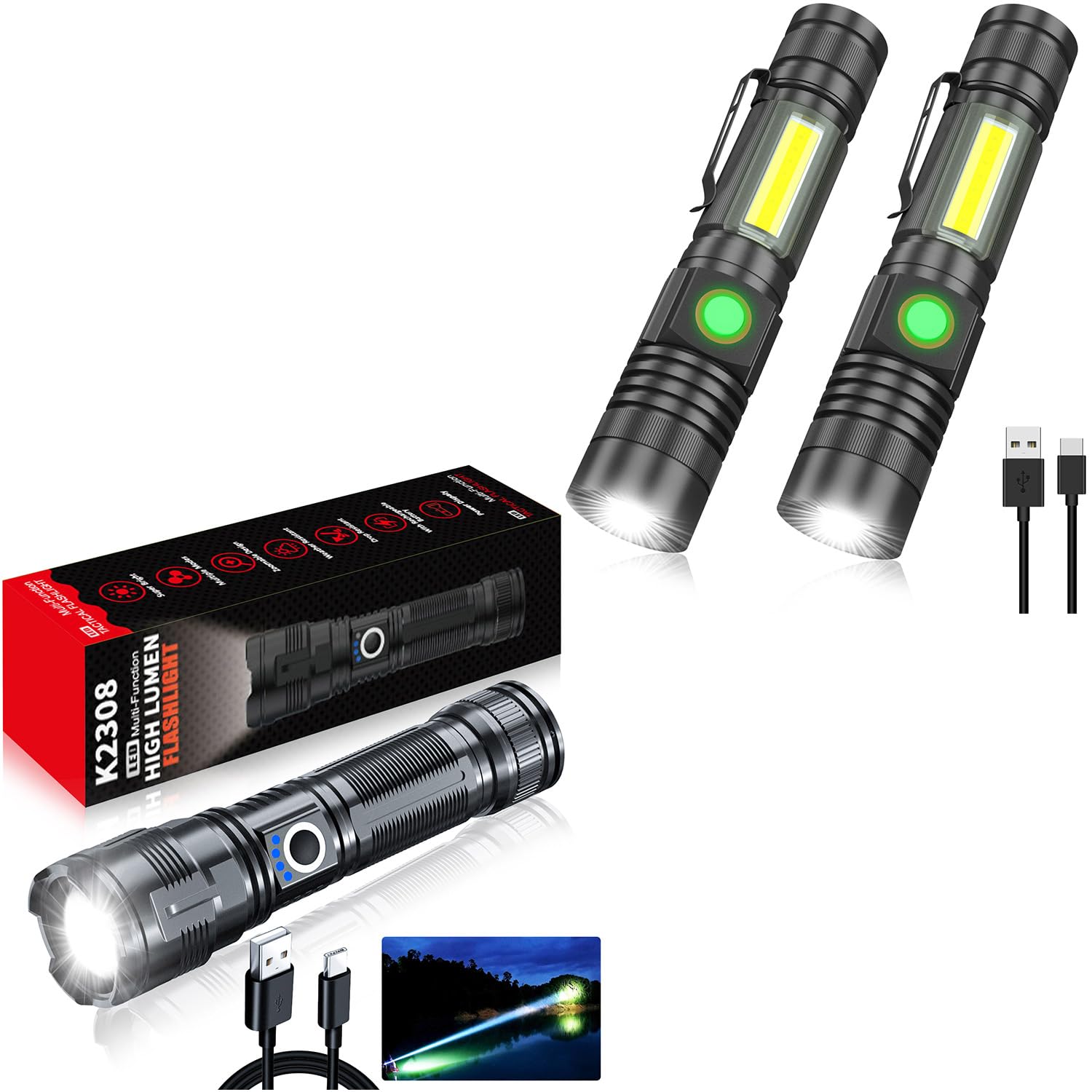 Vnina Rechargeable Tactical Flashlight, USB Magnetic Flashlights 1200 ...