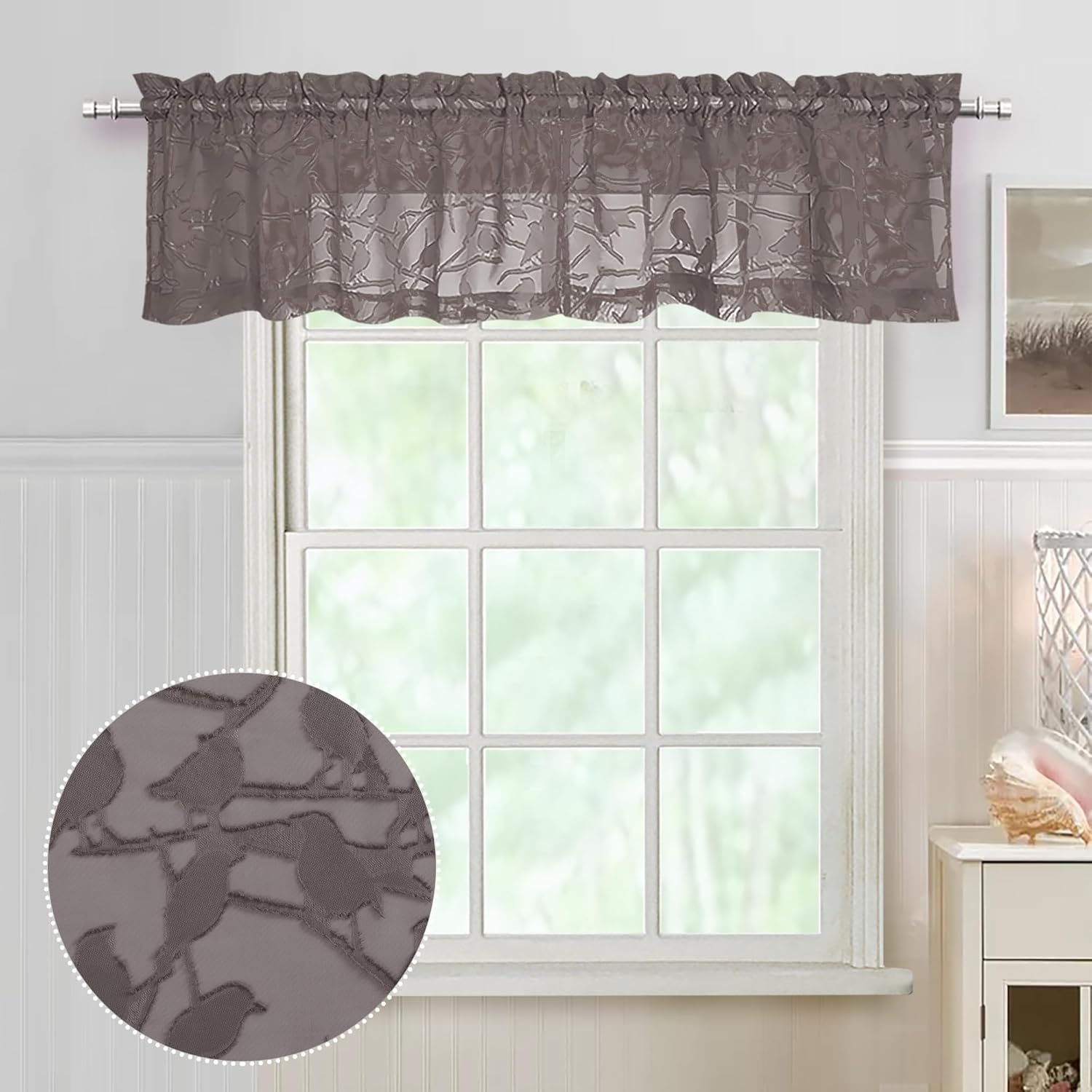 Amazon.com: OVZME Anji Bird 2 Panels Sheer Kitchen Valances for Windows ...