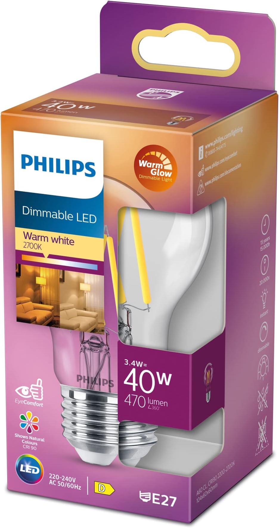 Philips LED Classic E27 WarmGlow 40W Warm White Dimmable Clear Teardrop ...