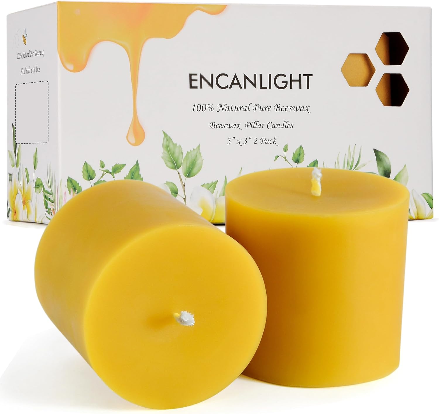 Amazon.com: Natural Beeswax Pillar Candles, Bees Wax Candles 3"x3", 2 Pack, Unscented Dripless ...