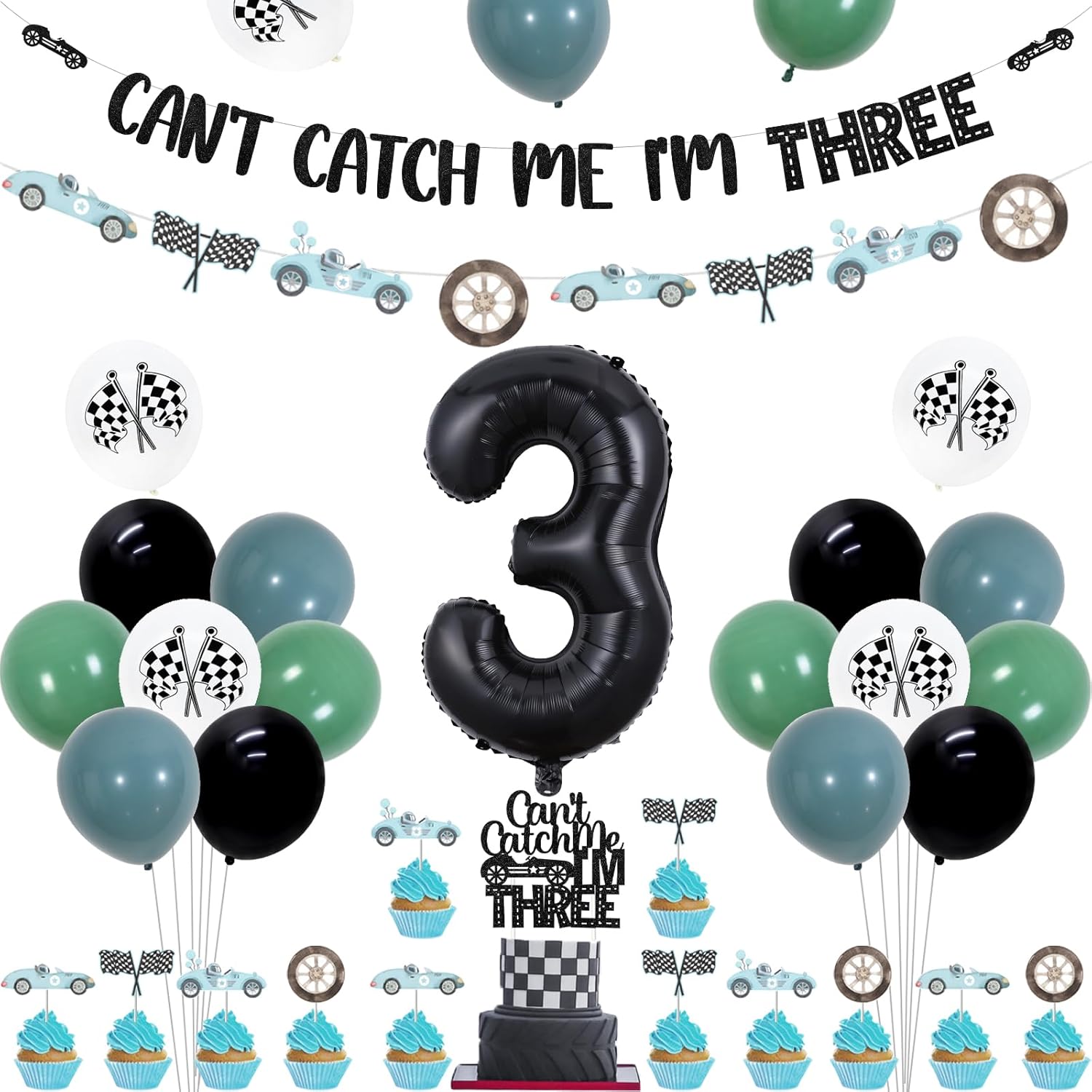 Amazon.com: Balterever Race Car 3rd Birthday Decorations Can’t Catch Me ...