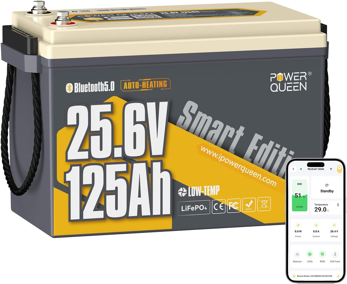 Power Queen 24V 125Ah Bluetooth Lithium Battery with Self-Heating ...