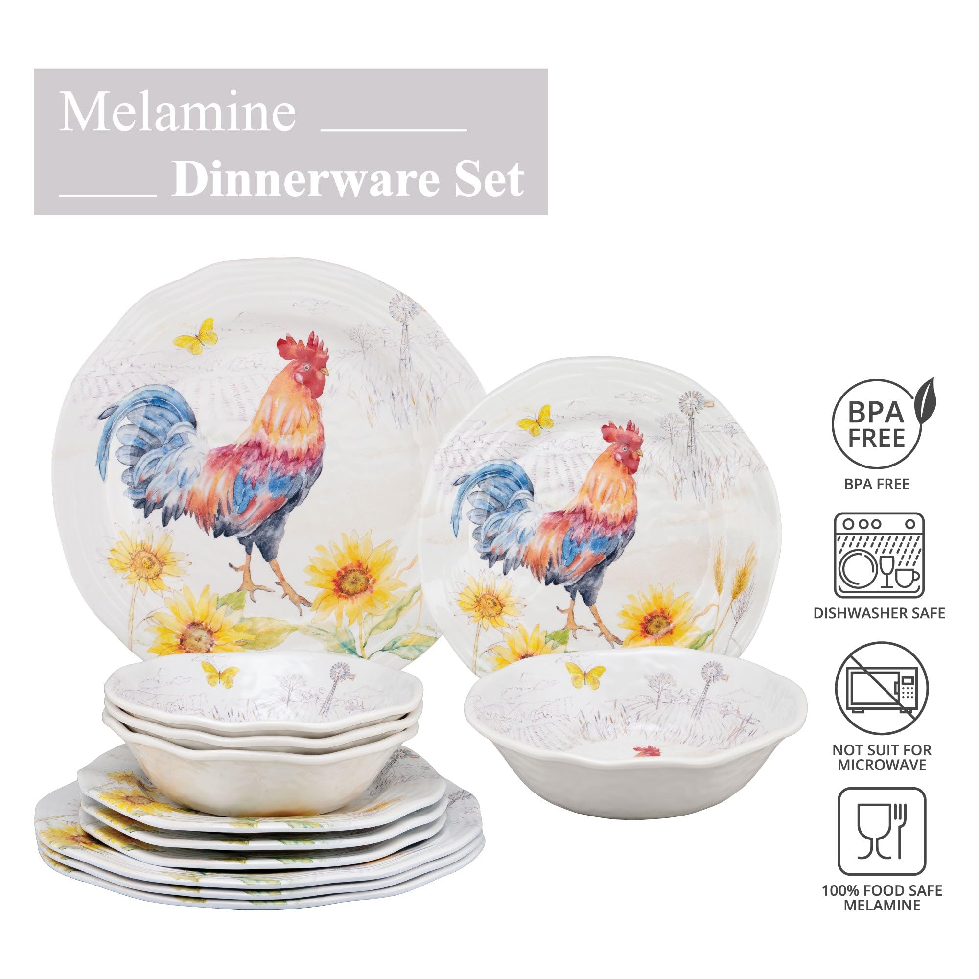 Snapklik.com : UPware 12 Piece Sunshine Rooster Melamine Dinnerware Sets