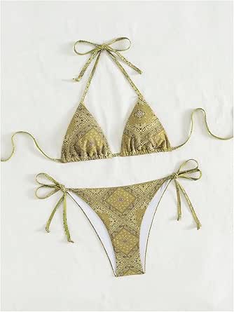 Amazon.com: Women 2 Piece Boho Sexy Halter Bikini Set String Triangle ...