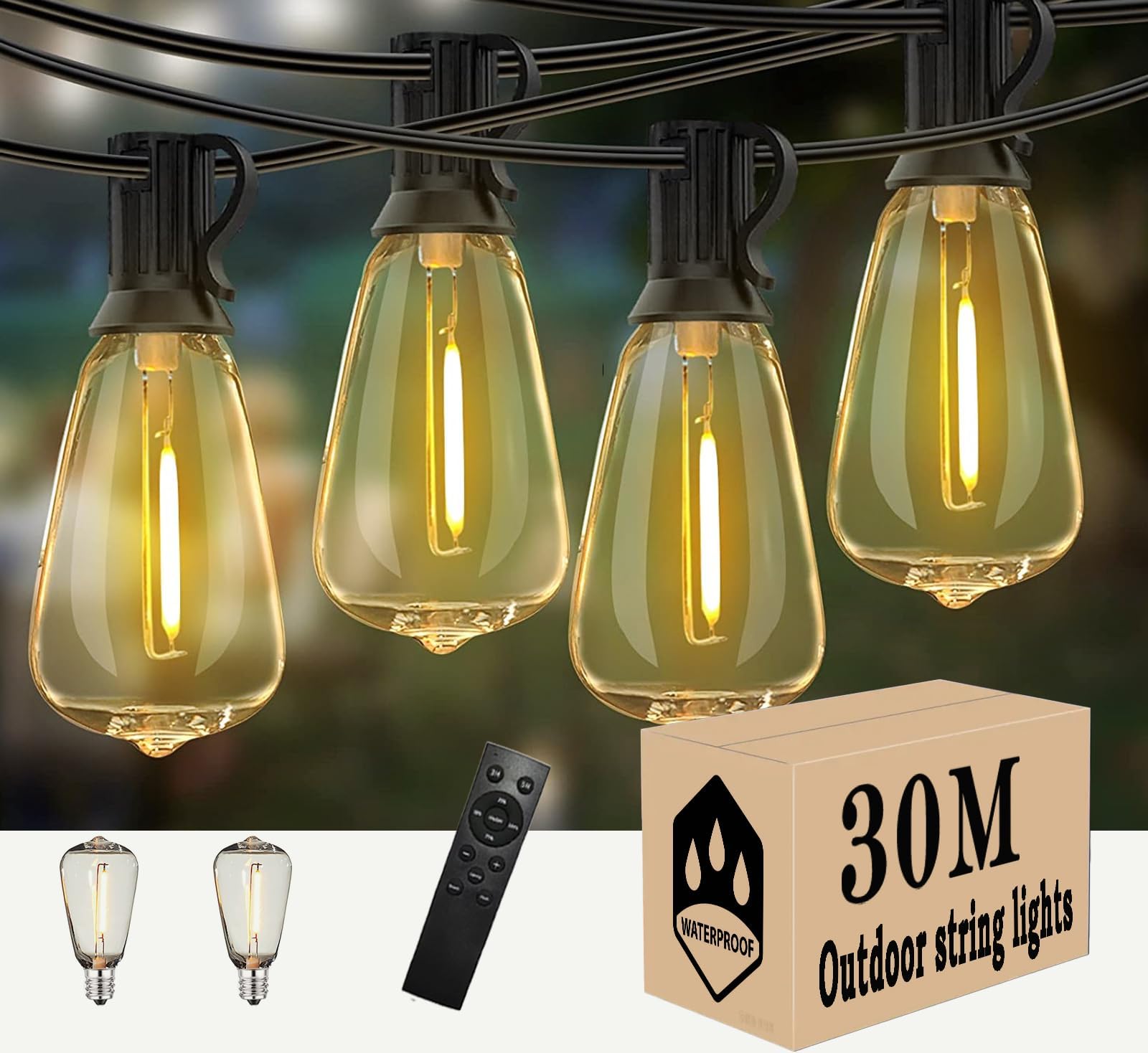 LED Outdoor String Lights 30M/100FT 50 (+2) shatterproof Bulbs ...