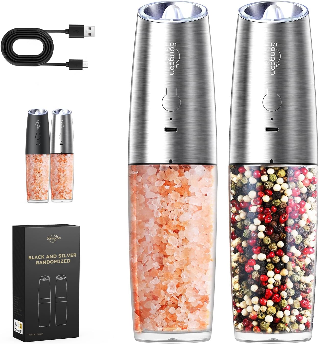 Amazon.com: 𝐔𝐩𝐠𝐫𝐚𝐝𝐞𝐝 Rechargeable 9oz Sangcon Gravity Electric Salt and Pepper Grinder Set ...