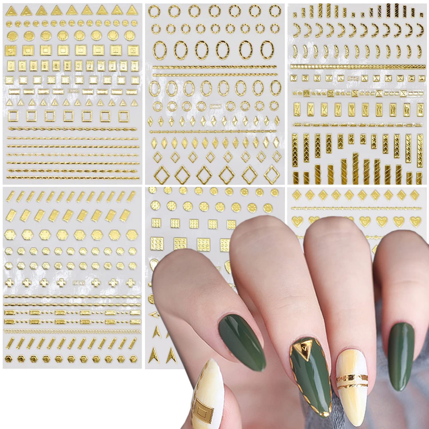 Amazon.com: Geometry Nail Art Stickers, Holographic 5D Gold Nail Self ...