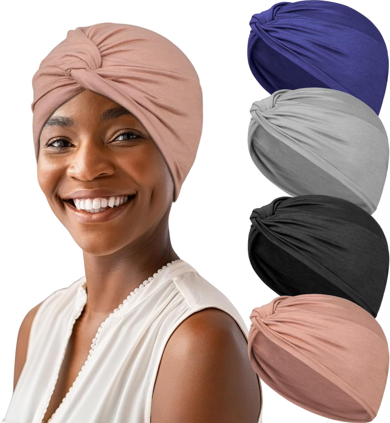 ASKNOTO 4 Pieces Soft Hair Turbans, Pre Tied Headwrap Knot Pleated ...