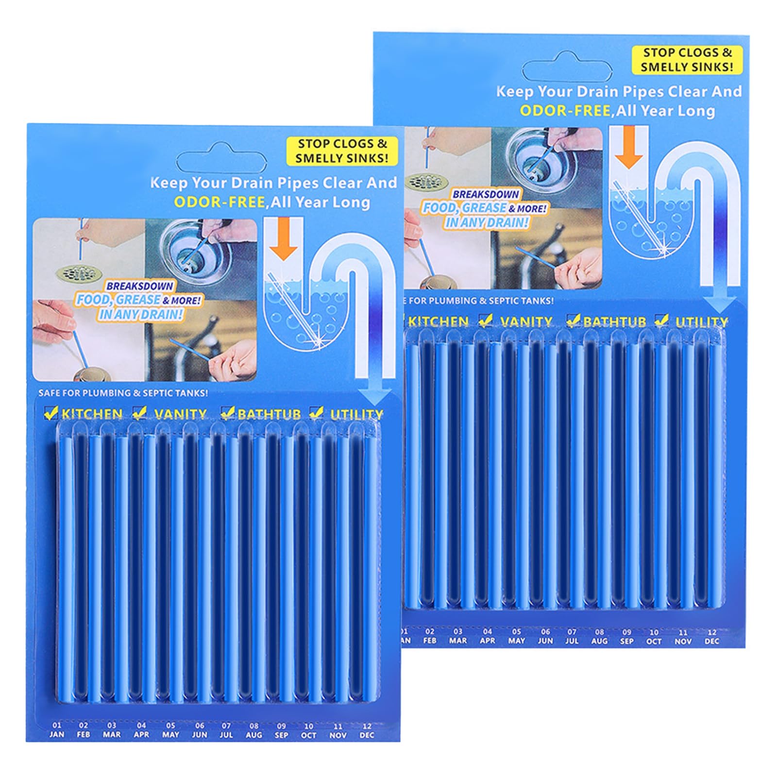 2 Pack 24 Pieces Kitchen Sink Drain Cleaner Sticks,Sewer Cleaning Stick ...