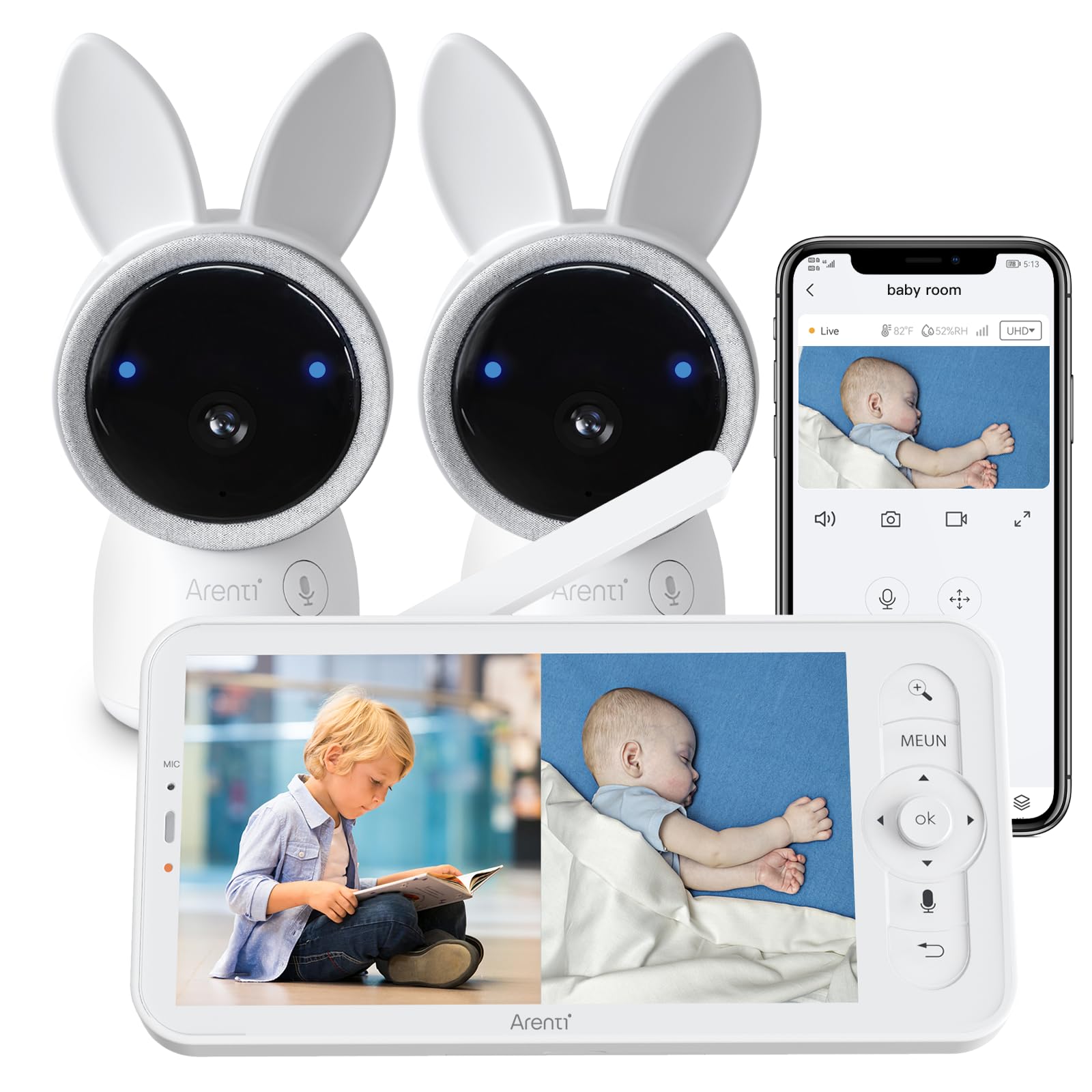 Amazon.com: ARENTI Split-Screen Baby Monitor 2 Cameras, Audio Monitor ...