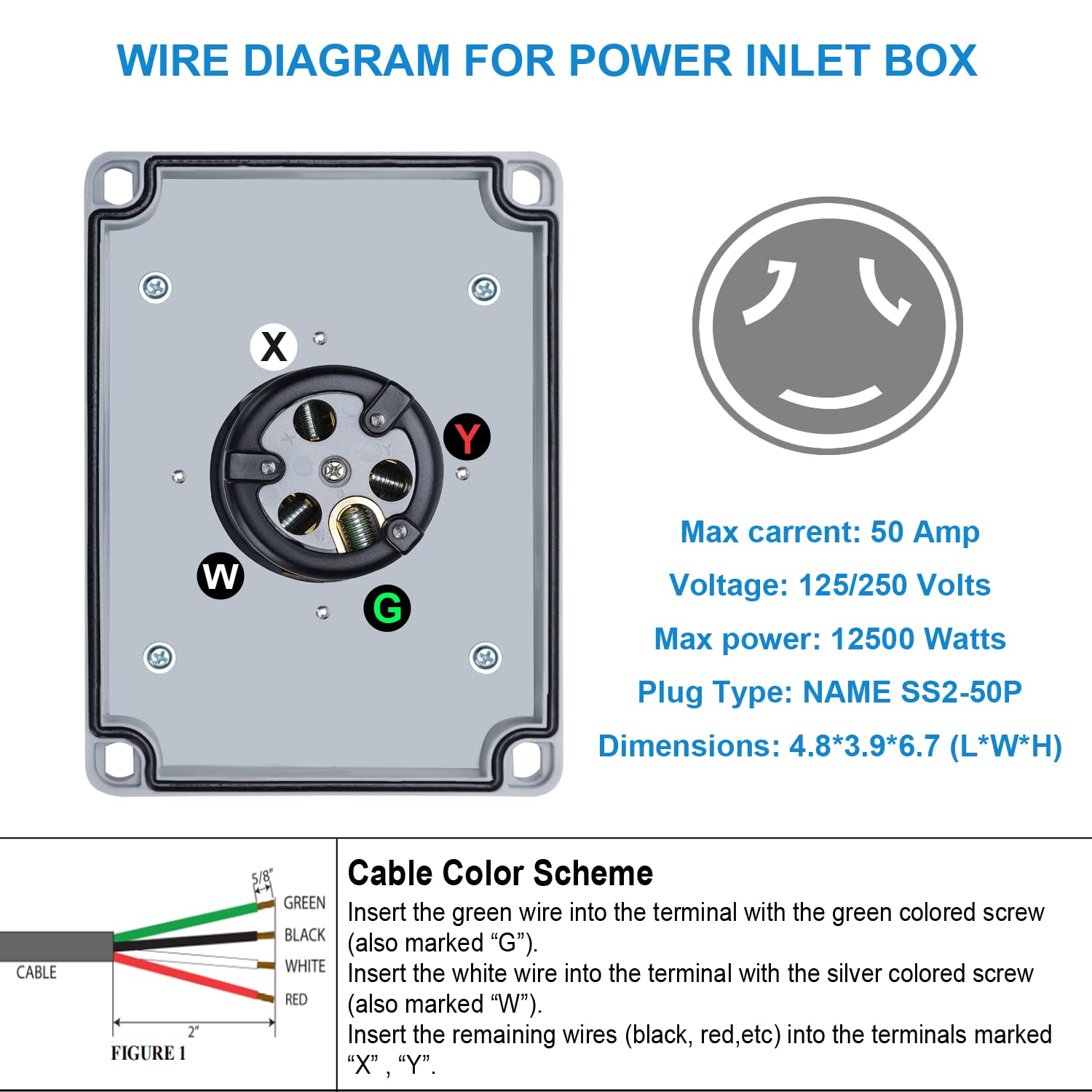 50 Amp Generator Power Inlet Box, NEMA SS 2-50P PB50 Generator Inlet ...